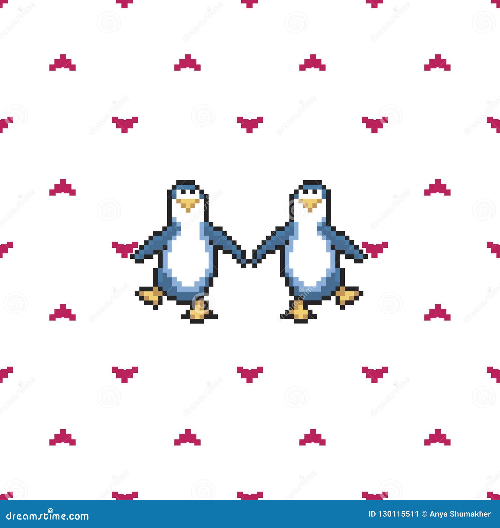 Seamless Pattern with Penguins in Love. Cute Pixel Penguins. 8 Bit ...