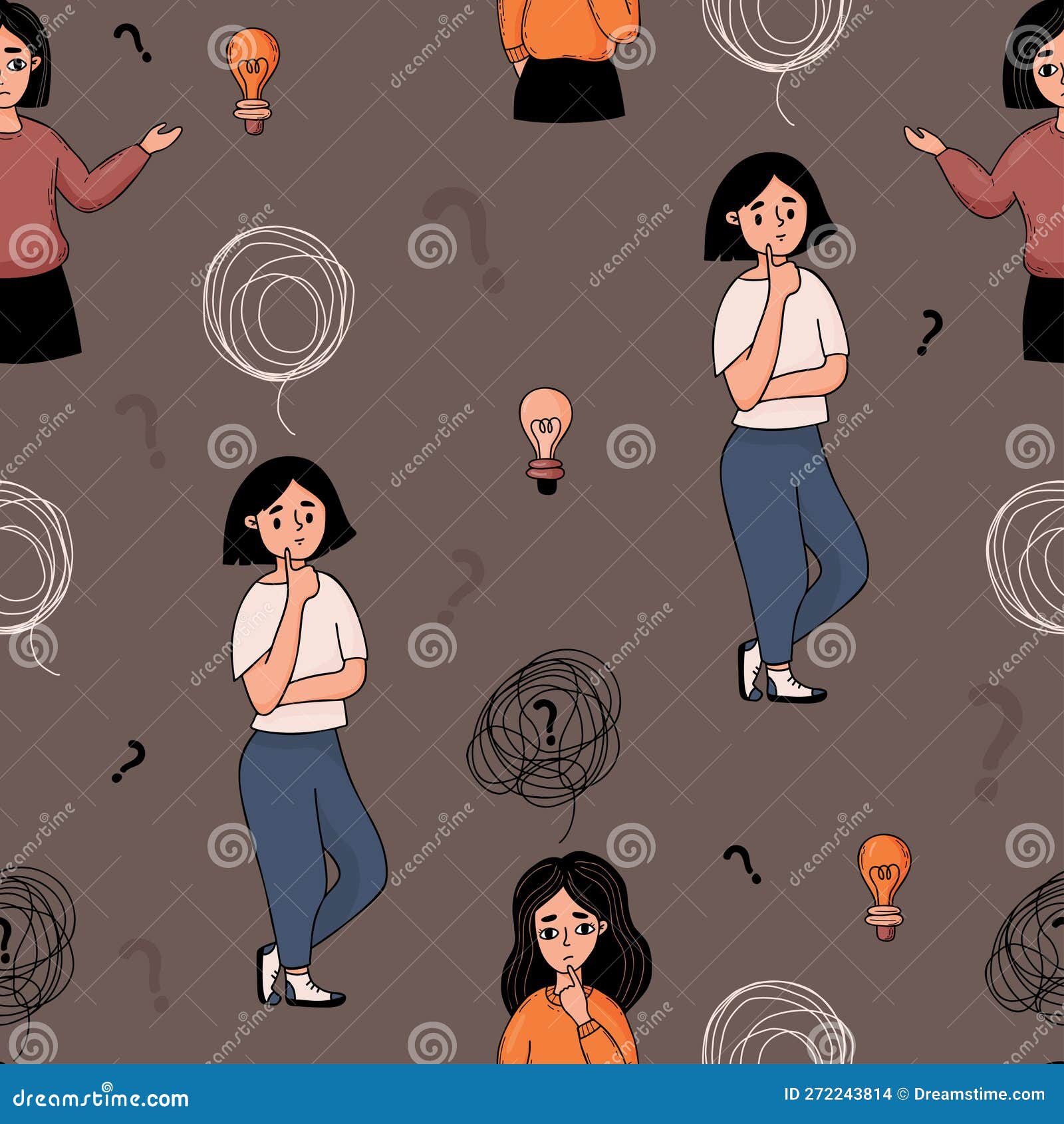 Seamless Pattern with Pensive Girls with Confused Thoughts and Question ...