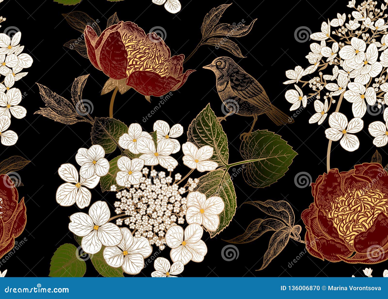 Seamless Pattern with Peonies, Hydrangea Flowers and Small Birds ...