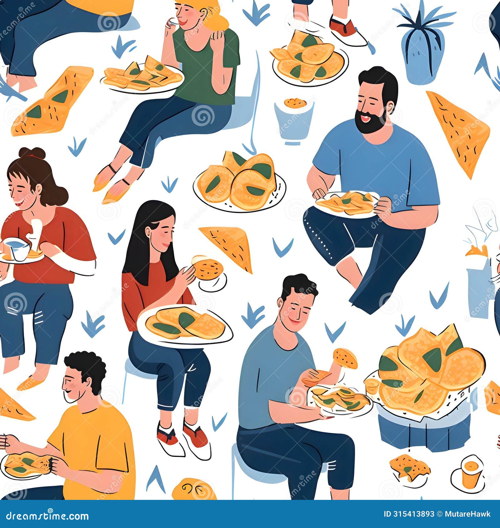 Seamless Pattern with People Eating Fast Food. Vector Illustration ...