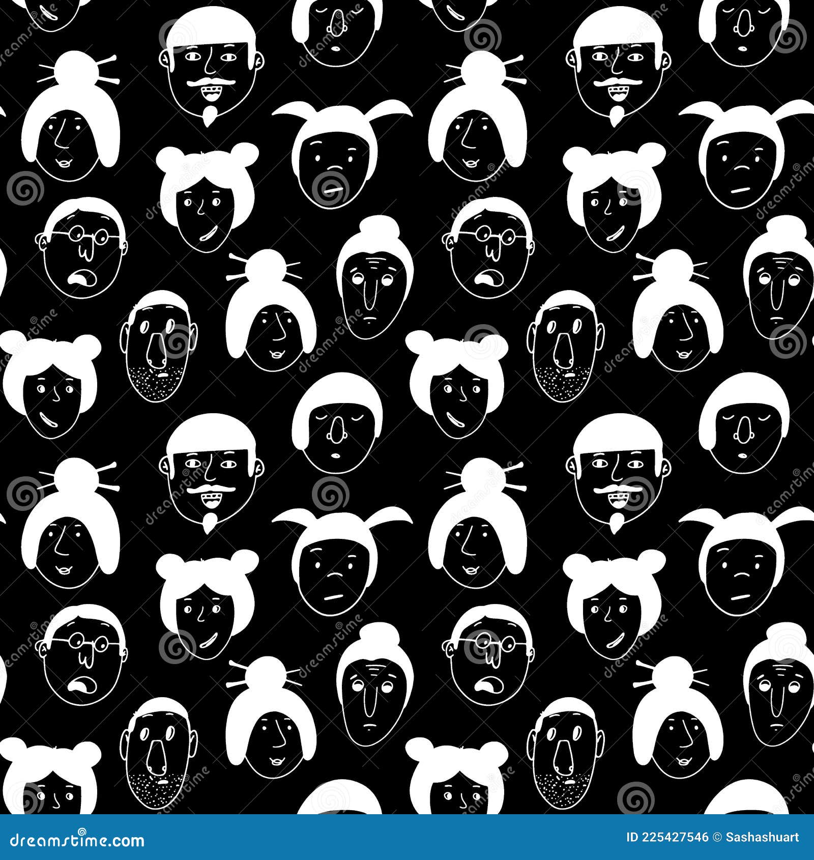 Seamless Pattern with People Faces. Heads of Men and Women with Linear ...