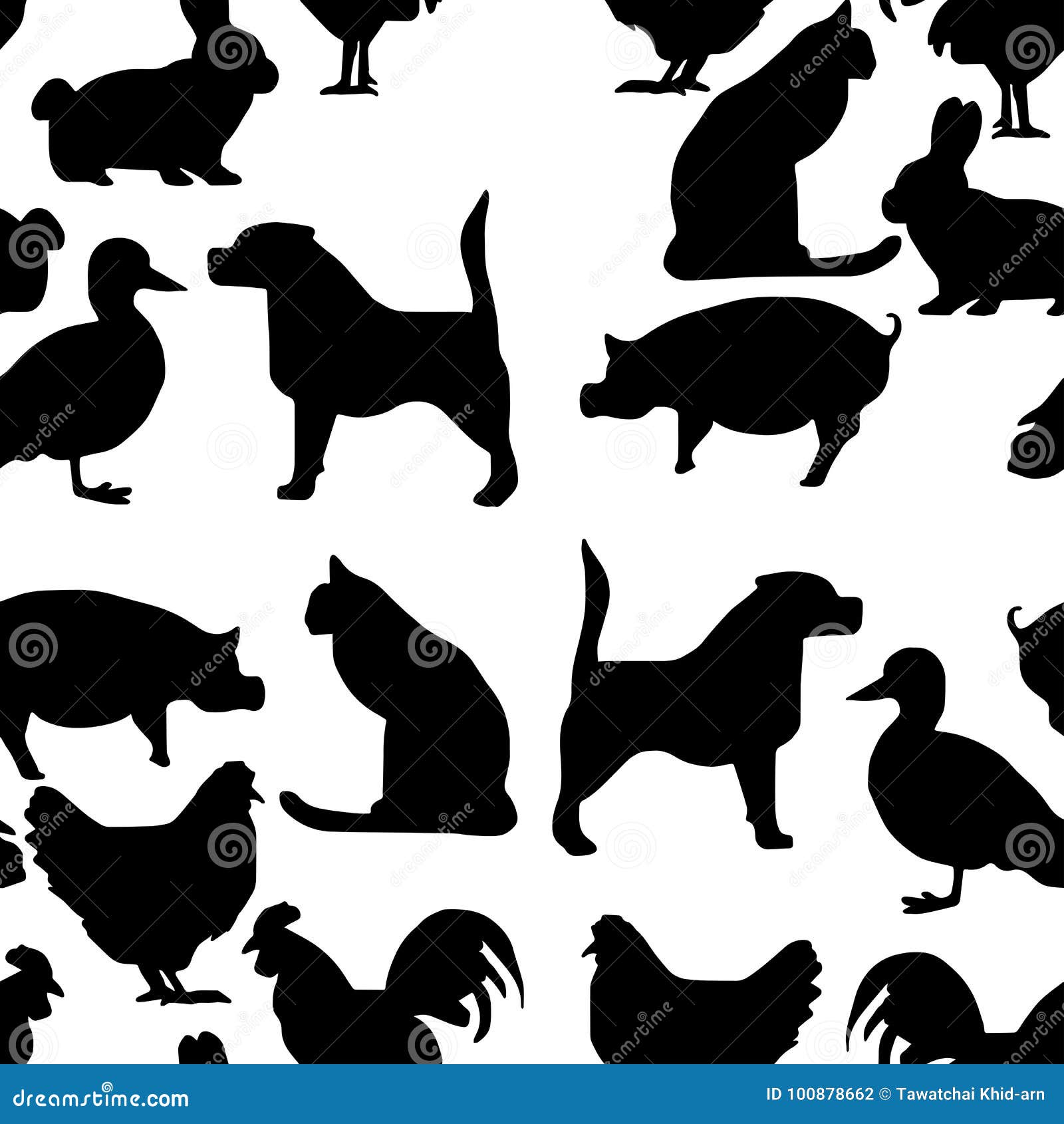 Seamless Pattern Pets Silhouette - Vector Illustration Hand Draw Stock ...