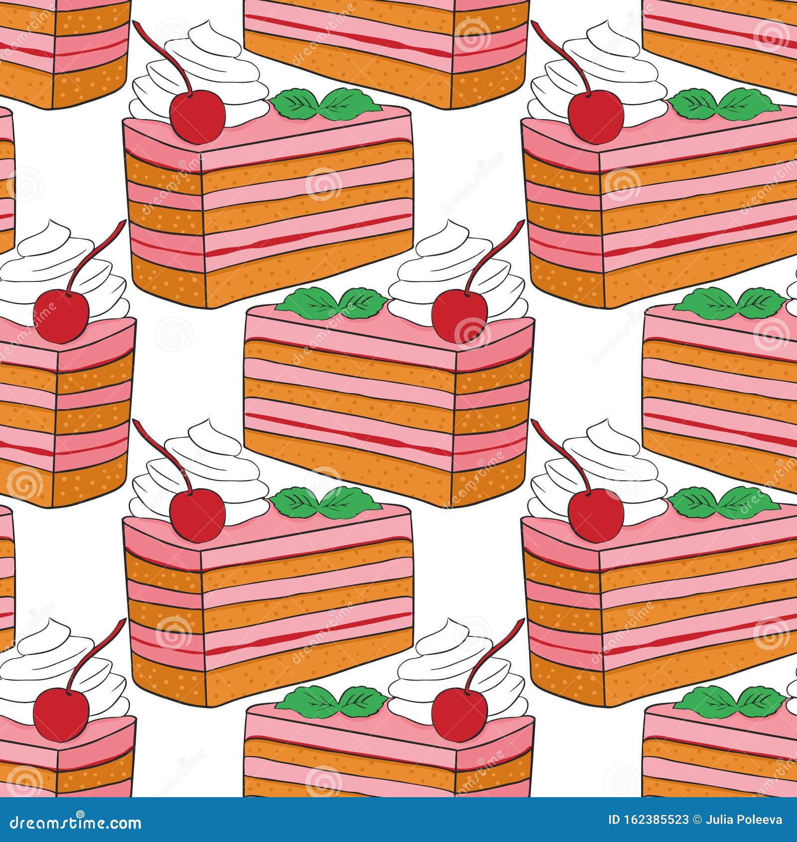 Seamless Pattern of Piece of Cake with Cherry and Whipped Cream on ...