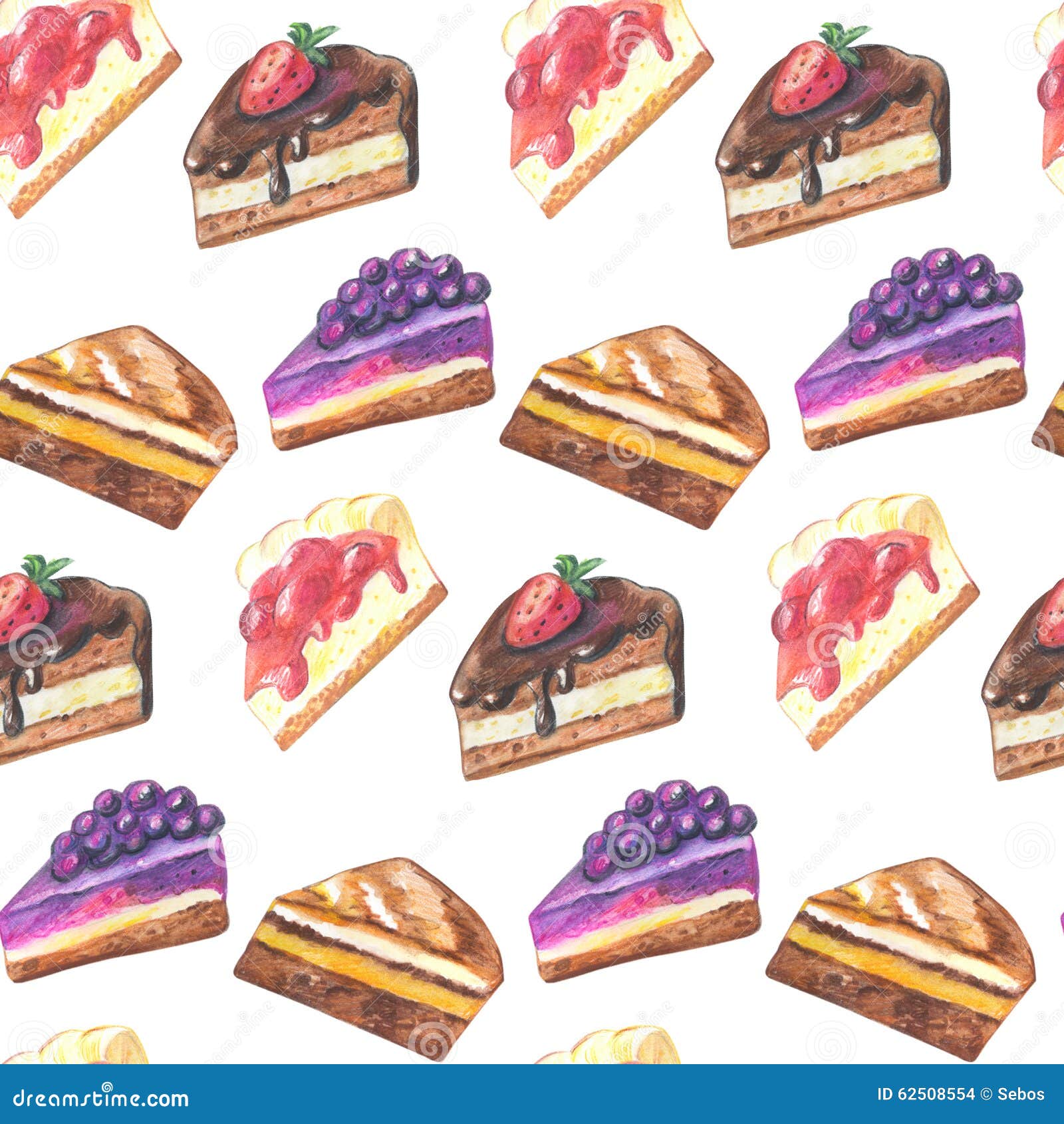 Seamless Pattern of Pieces of Cake. Hand Drawn Watercolor Pencil Stock ...