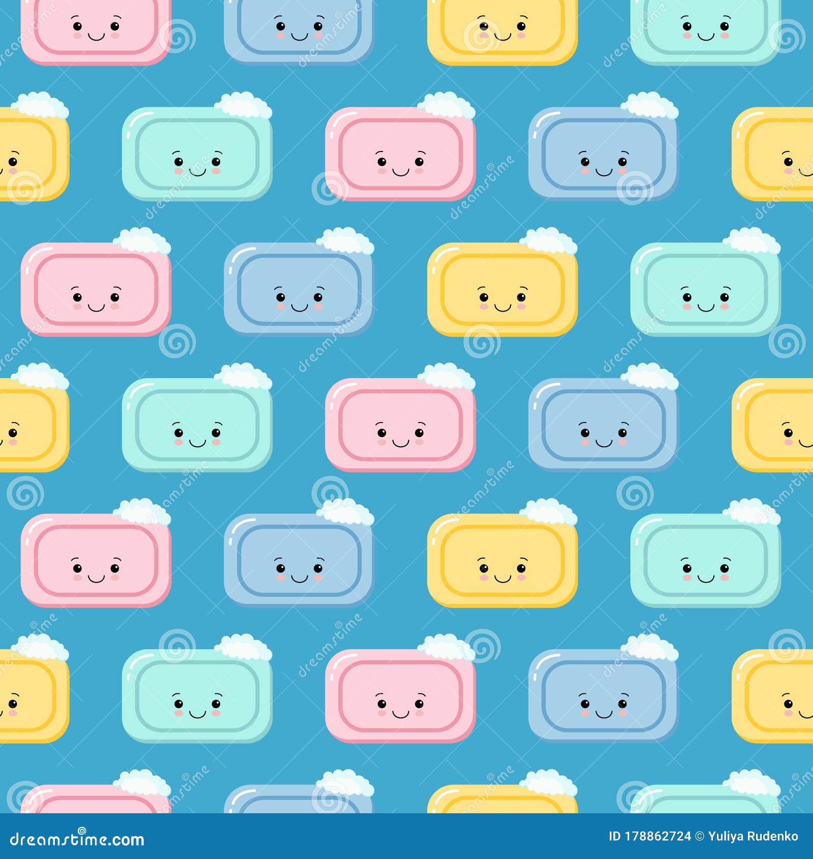 Seamless Pattern Pieces of Solid Soap Cute Happy Character. Color ...