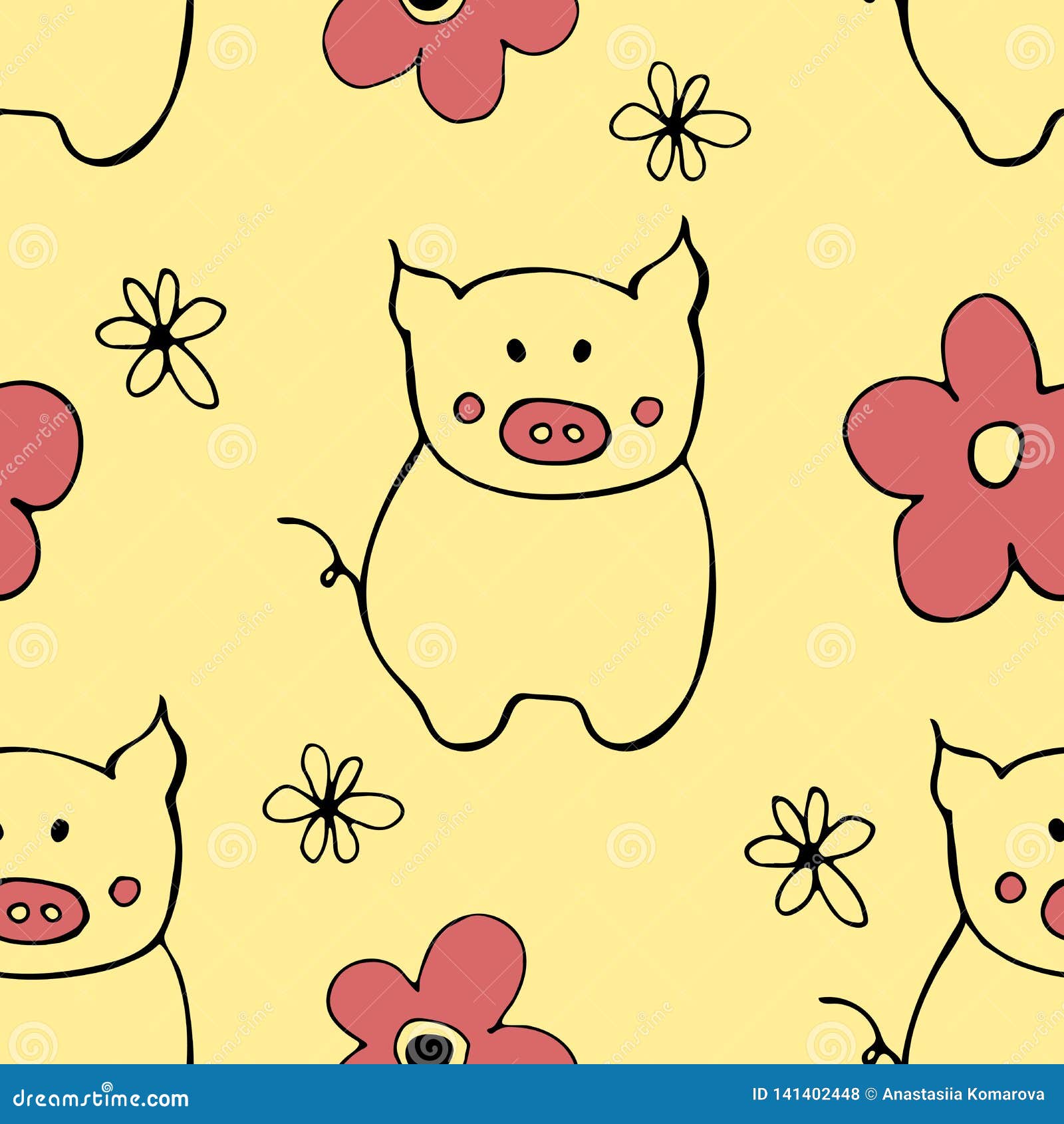 Seamless Pattern with Outline Pigs and Flowers. Stock Vector ...