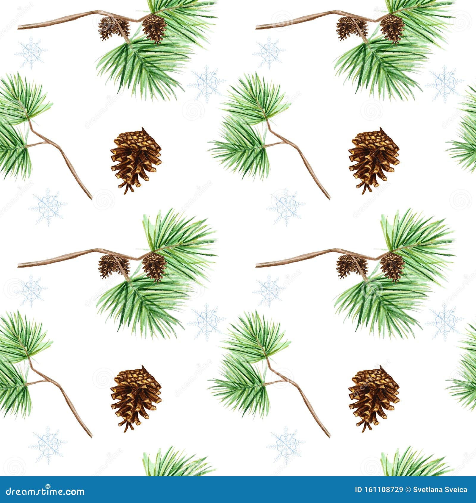 Seamless Pattern of Pine Branches and Cones, Needles on White Background, Watercolor Hand Draw ...