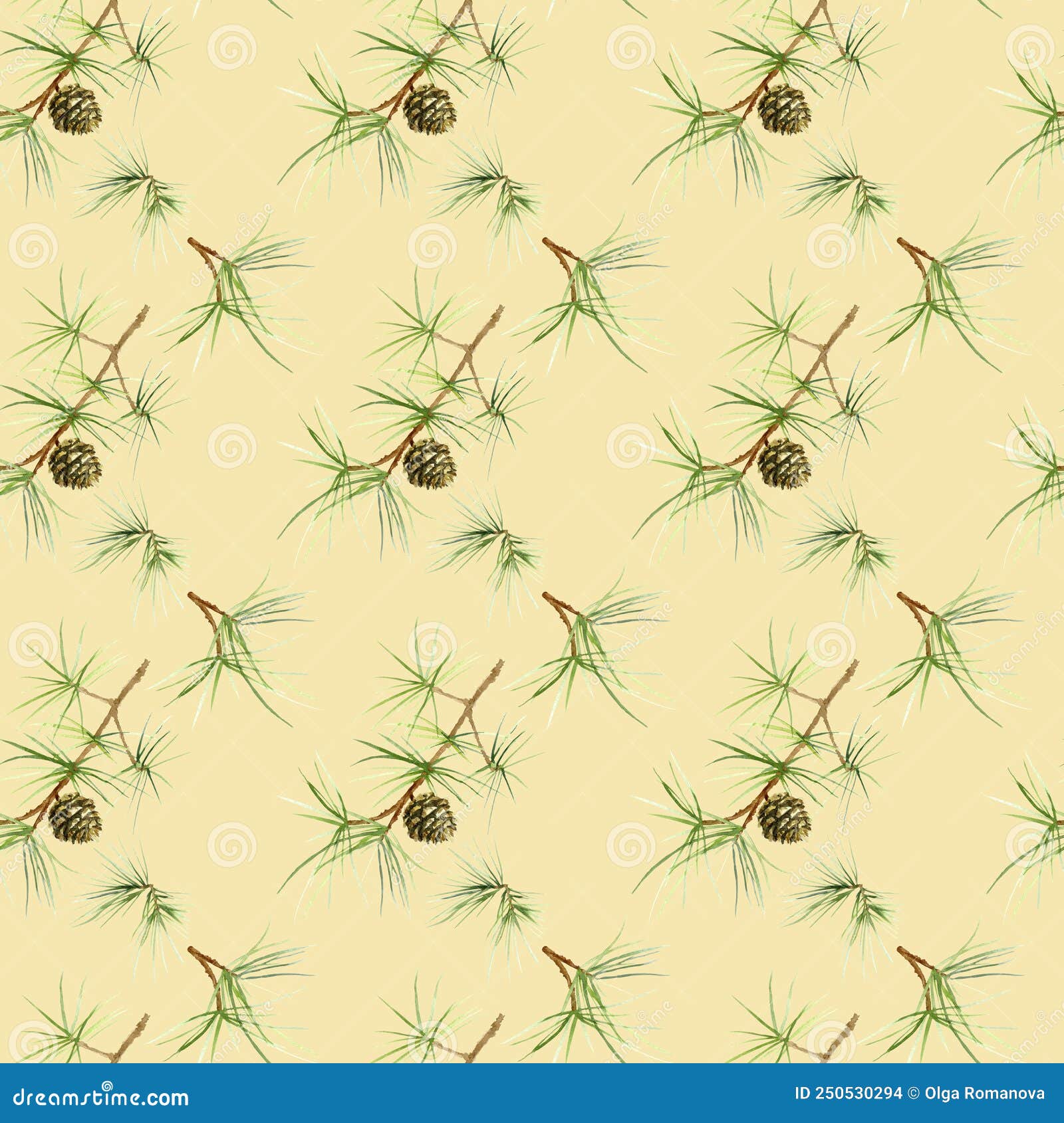 Seamless Pattern of Pine Tree Branches with Cones and Needles. Watercolor Illustration Isolated ...