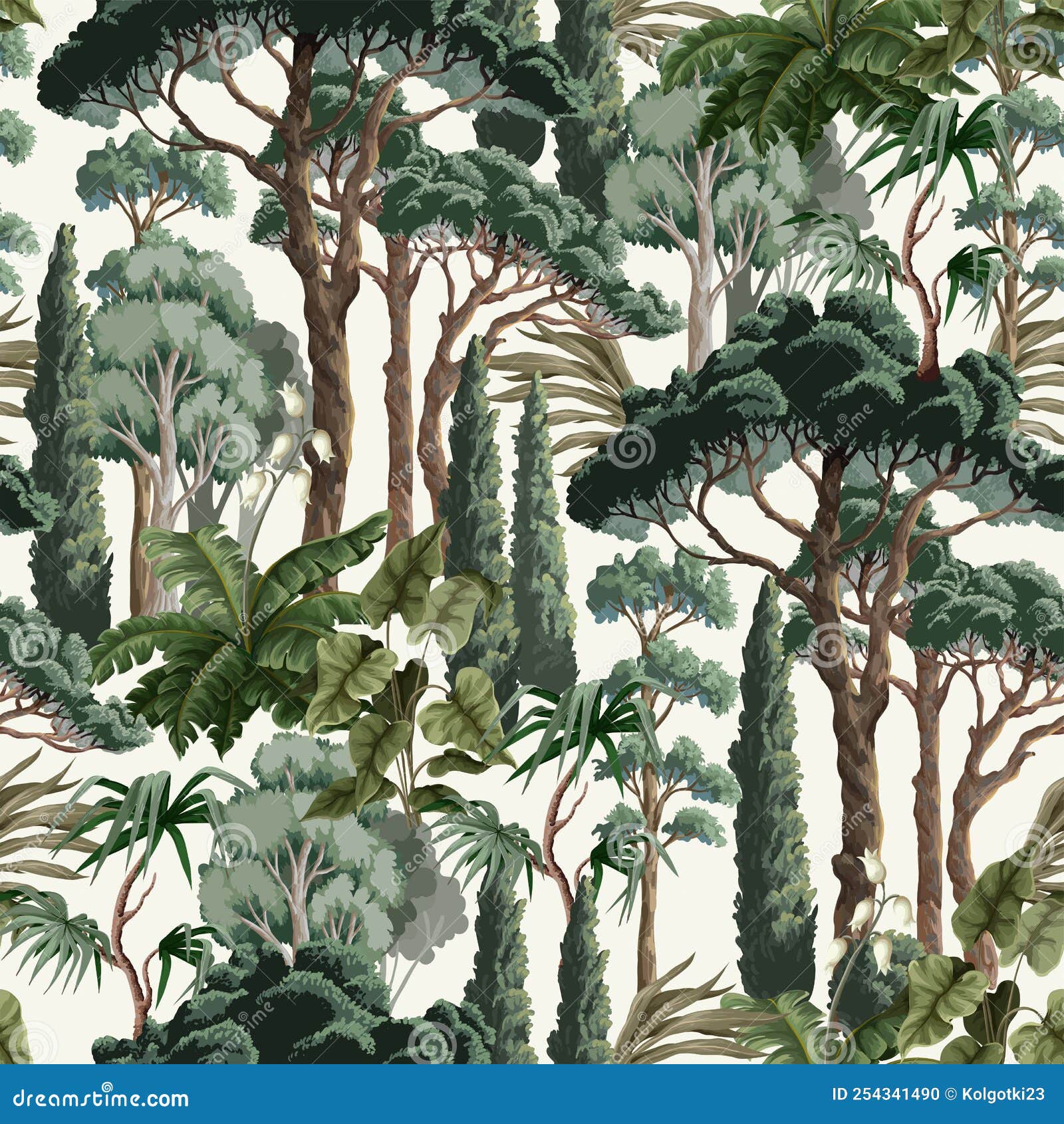 Seamless Pattern with Pine Trees, Bushes and Plant. Vector. Stock Vector - Illustration of wood ...