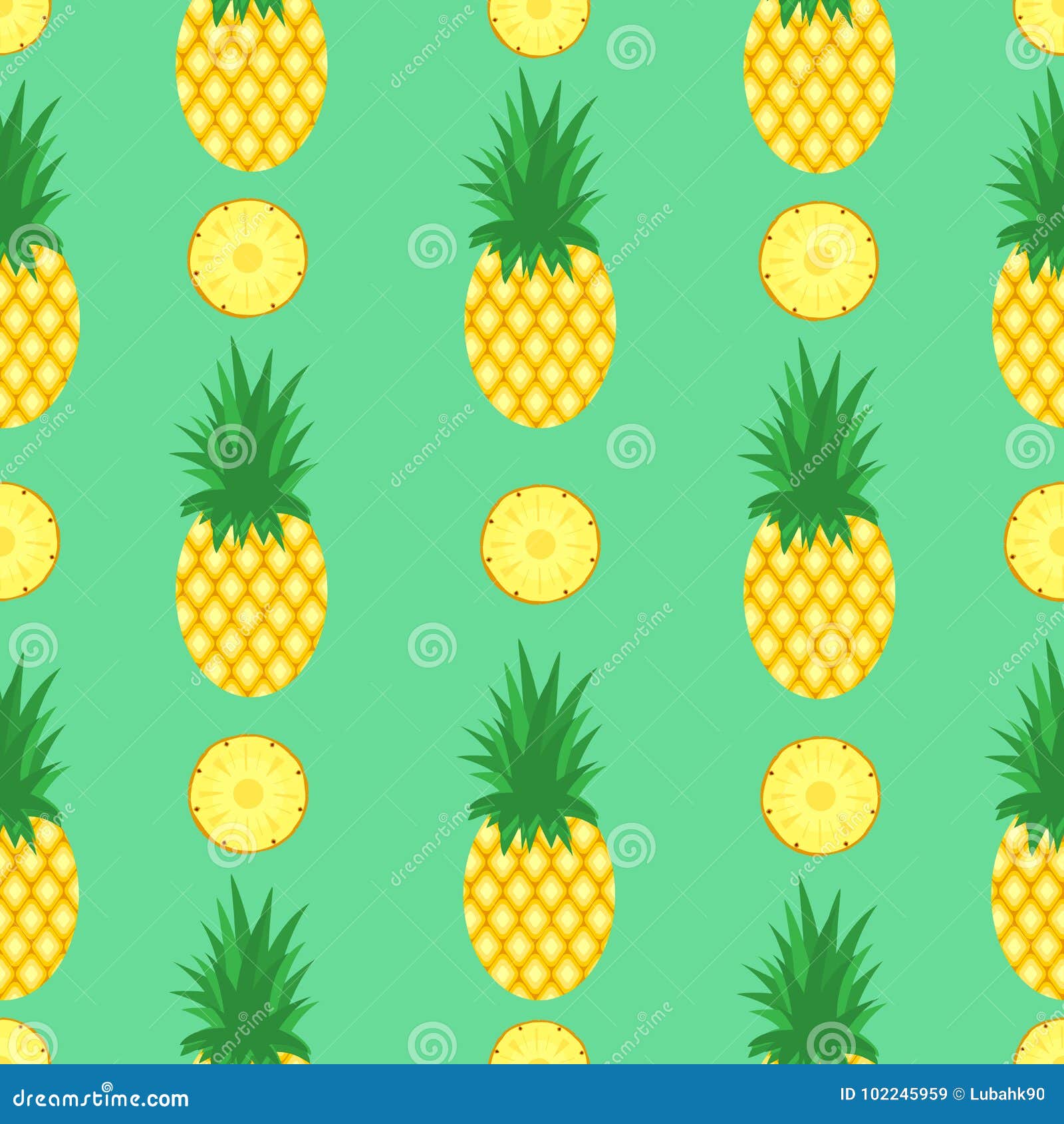 Seamless Pattern with Pineapples and Pineapple Slices on Mint Green Background. Pineapple ...