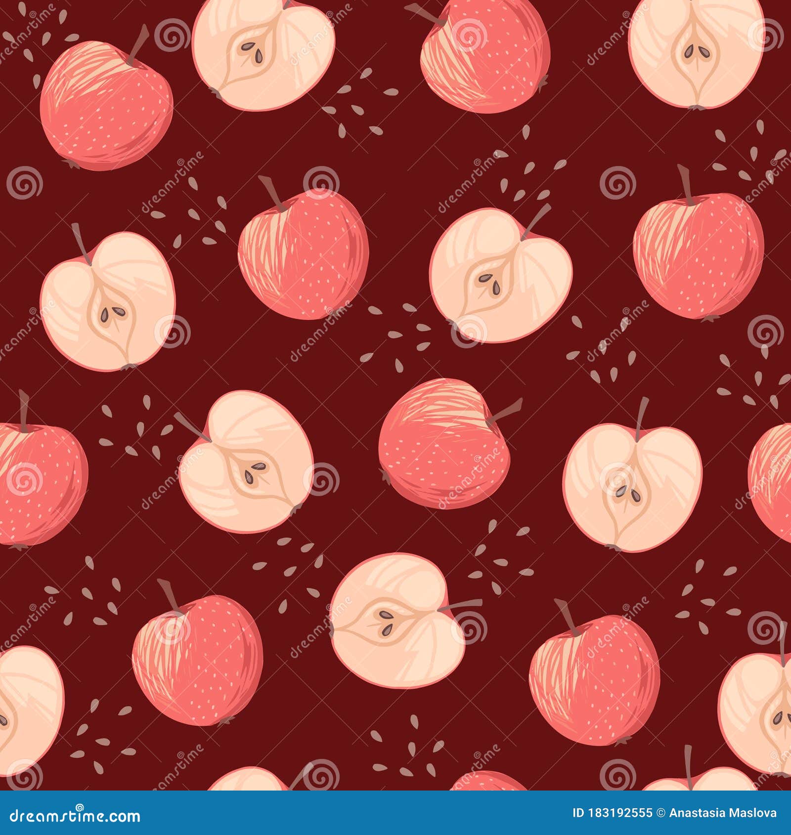 Pink Apples And Flowers Elegant Abstract Seamless Pattern. Hand Drawn ...