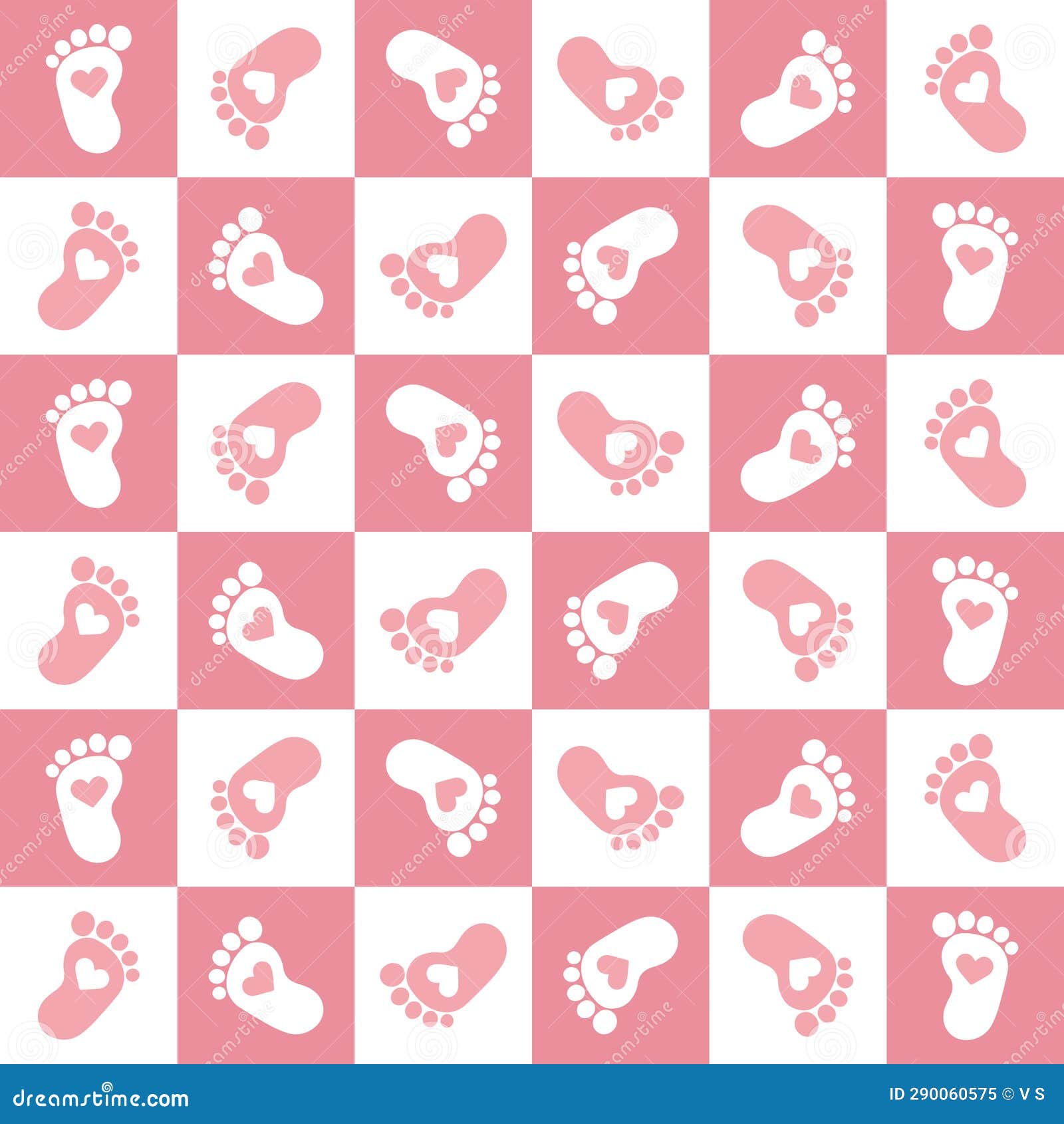 Seamless Pattern, Pink Baby Footprints, Steps On A Checkered Background ...