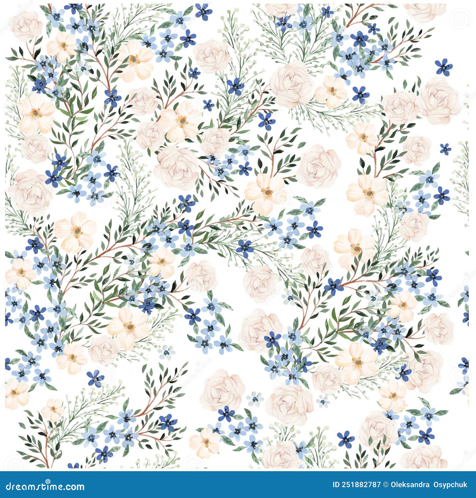 Seamless Pattern with Pink and Blue Flowers and Leaves. Illustration ...