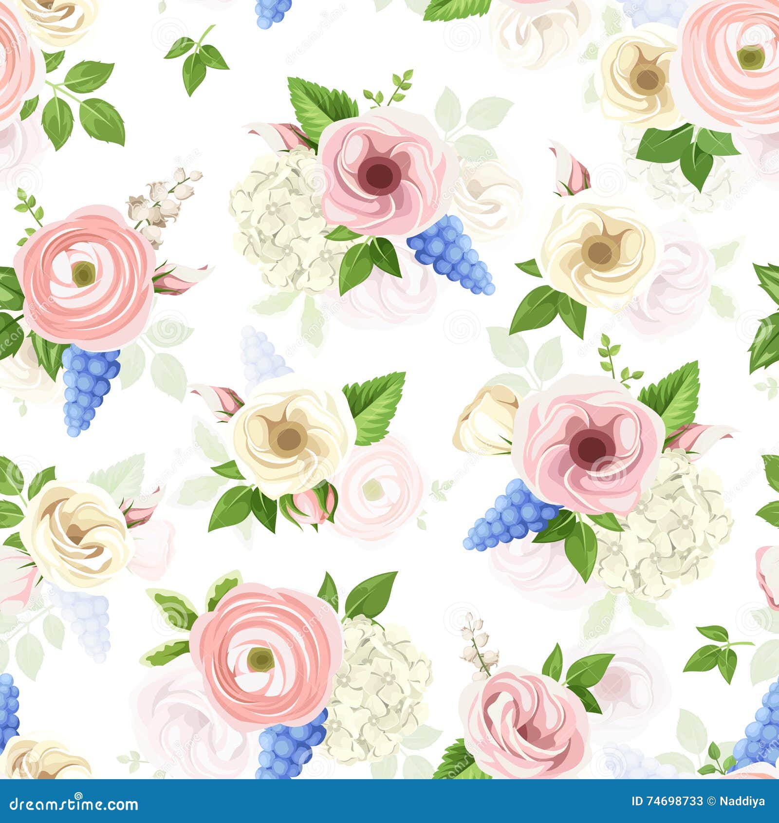 Seamless Pattern with Pink, Blue and White Flowers. Vector Illustration ...