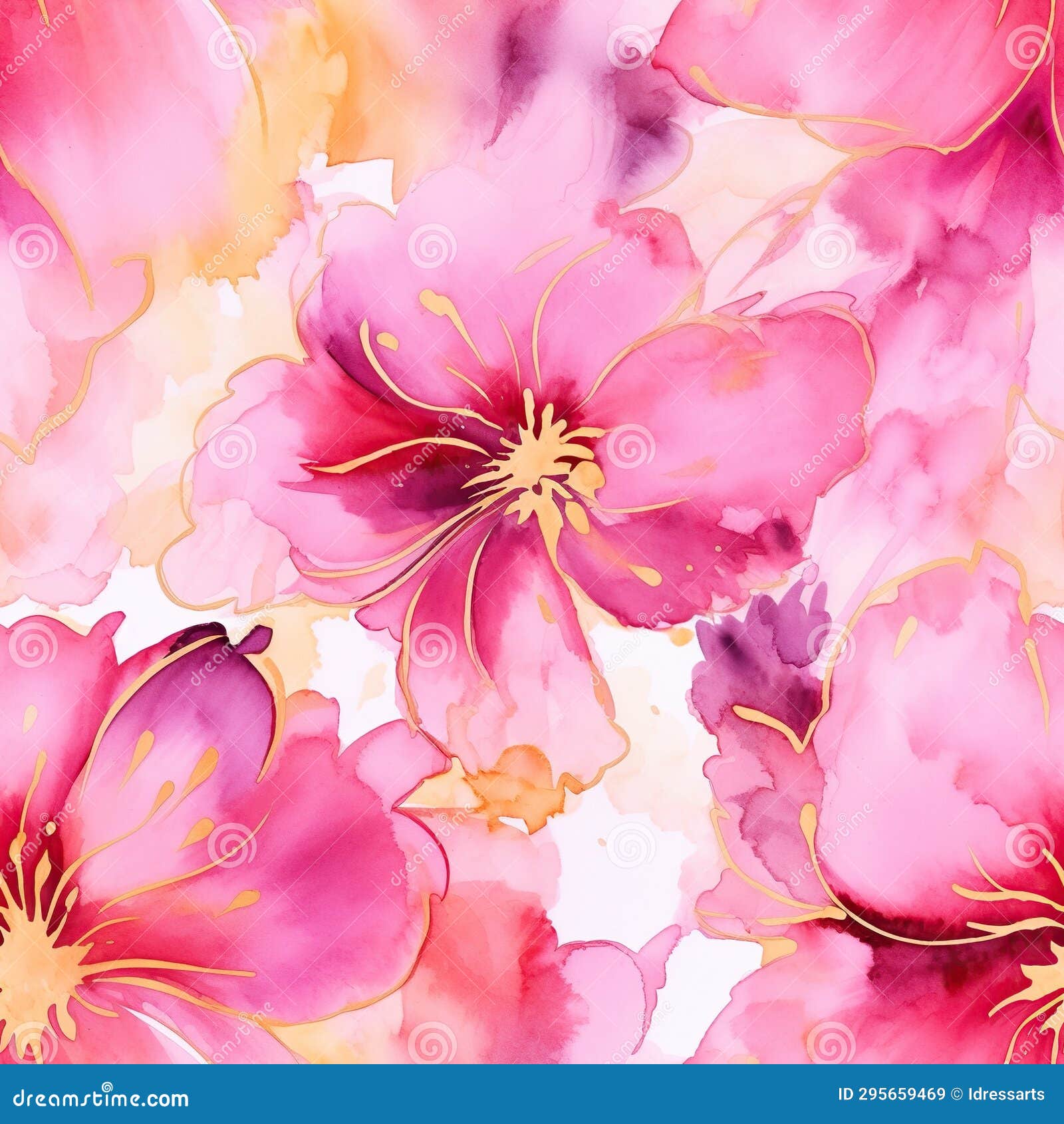 Seamless Pattern Of Pink Flowers With Gold On White Background Pink