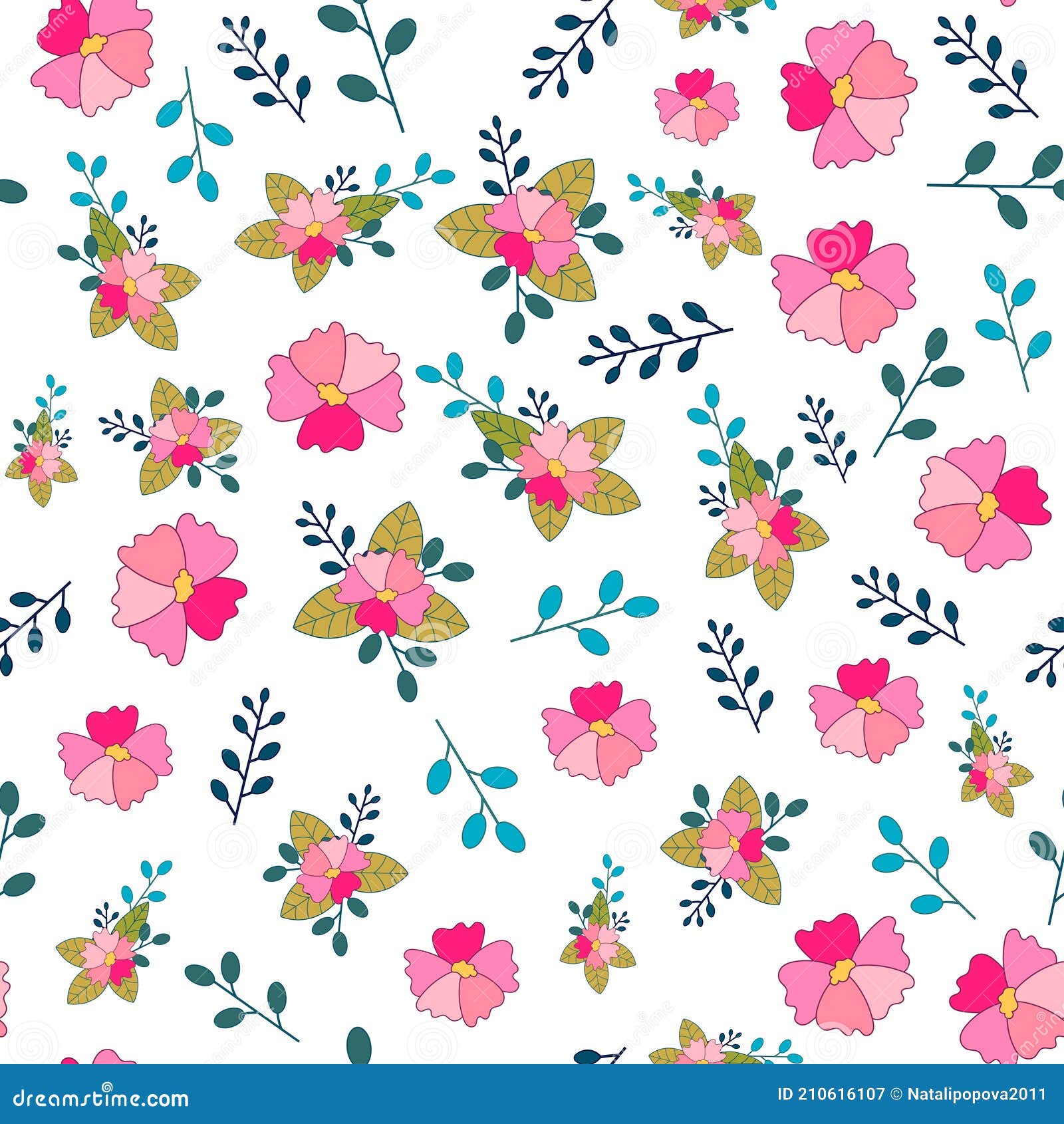 Seamless Pattern with Pink Flowers and Leaves. Vector Illustration ...
