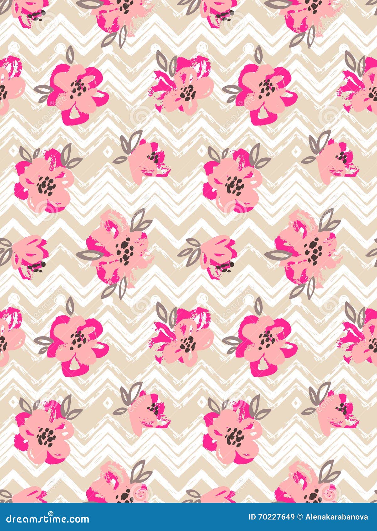 Seamless Pattern with Pink Flowers on the Zig Zag Background. Stock ...