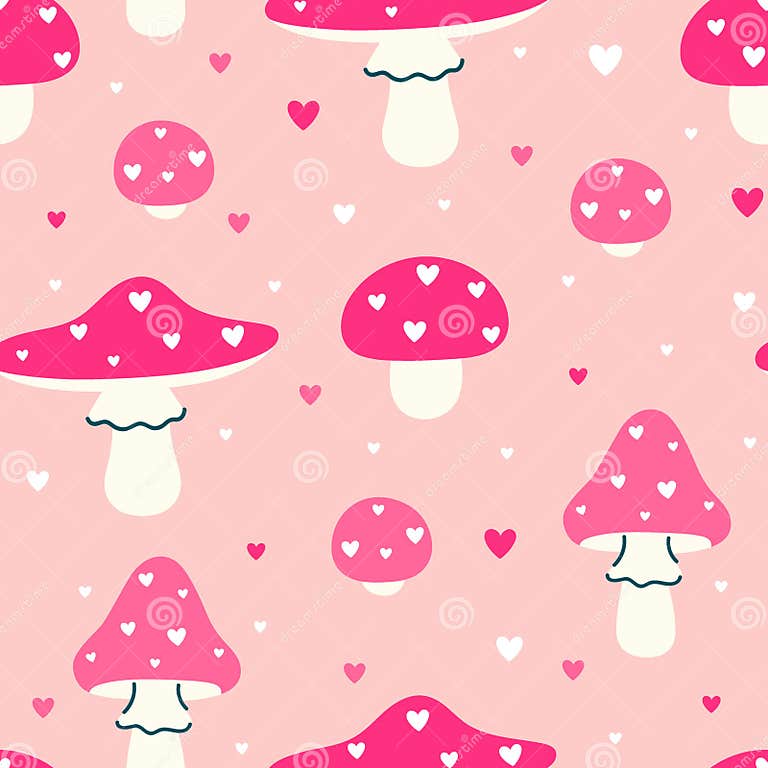 Seamless Pattern with Pink Fly Agarics in Hearts. Vector Graphics Stock ...