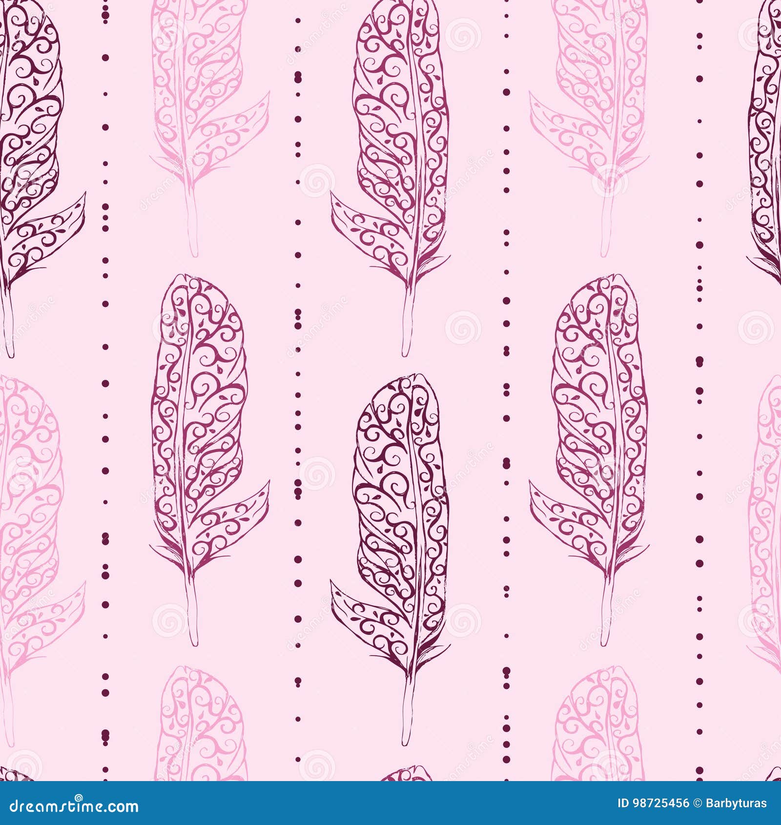 Seamless Pattern Pink Hand-drawn Feathers on a Bright Background ...