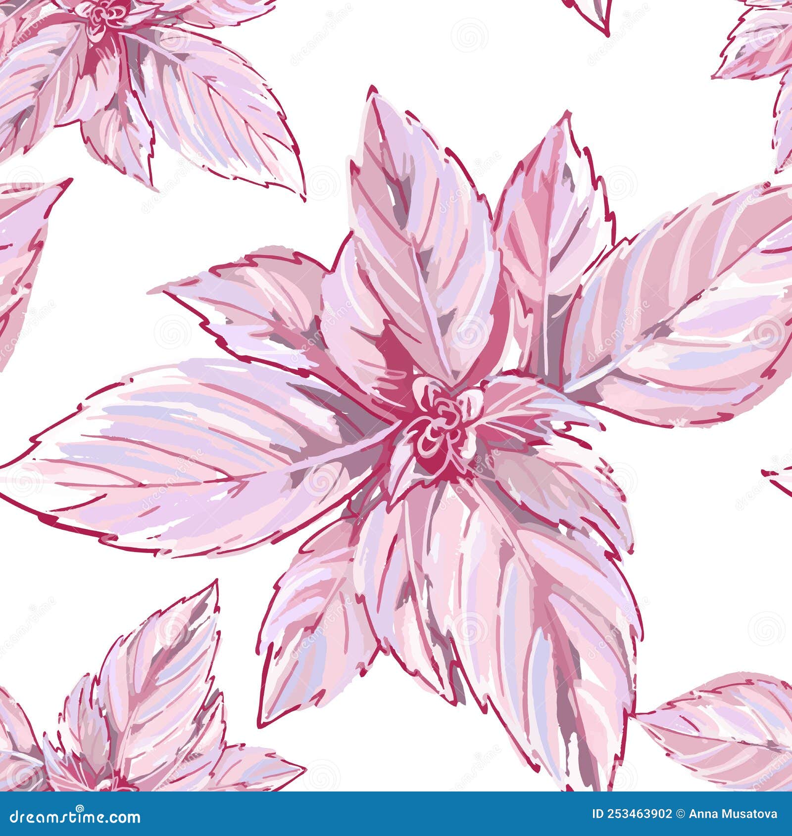 Seamless Pattern. Pink Leaves on a White Background. Basil. Endless ...