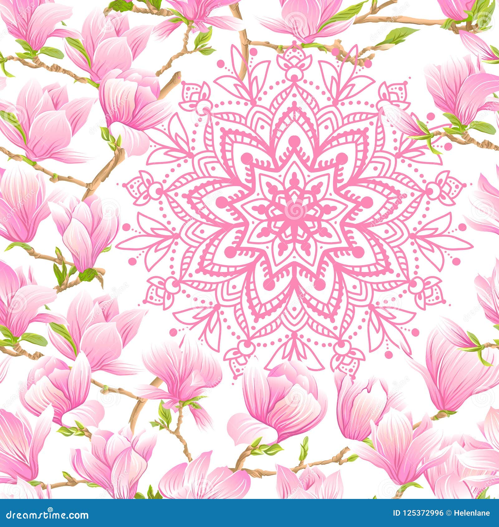 Seamless Pattern with Pink Magnolia Flowers. Vector Illustration. Stock ...