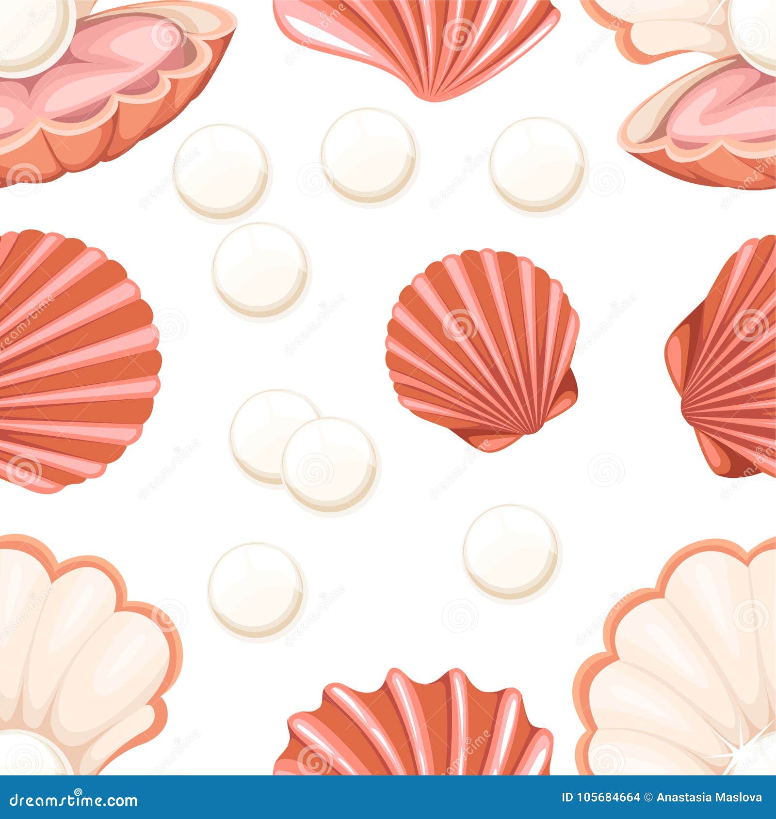 Seamless Pattern with Pink Open and Close Seashell with Pearl Flat ...