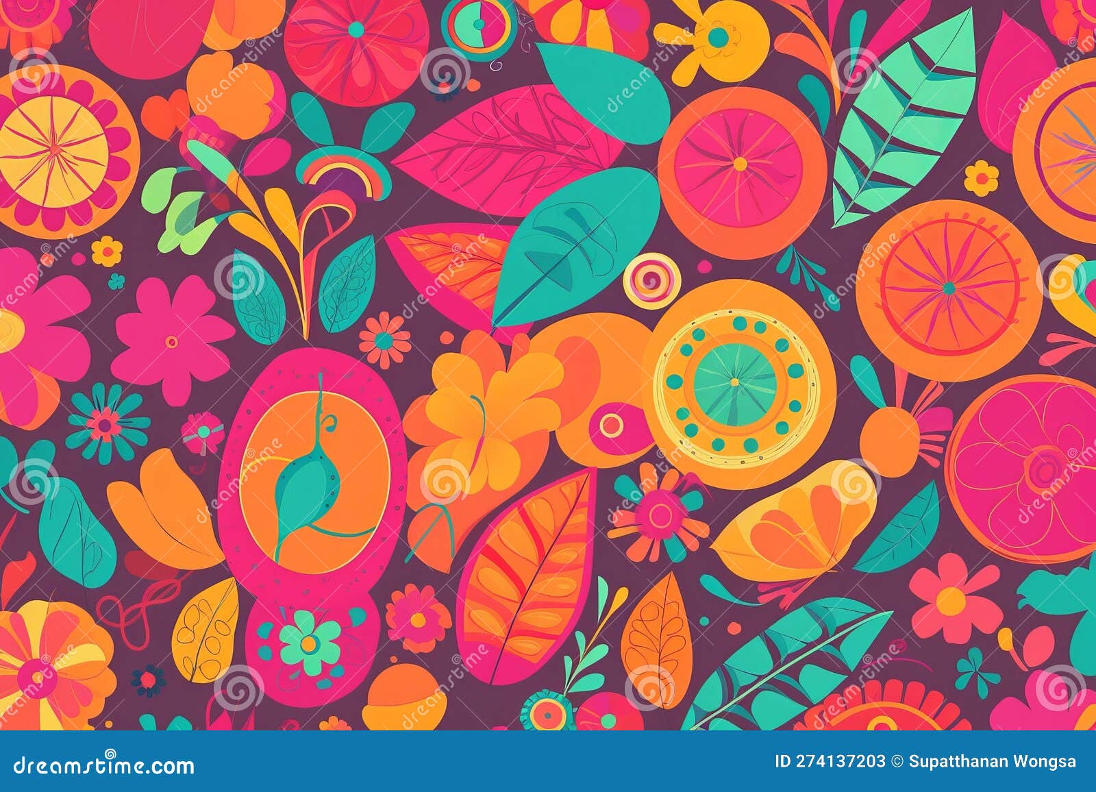 Seamless Pattern with Pink, Orange and Yellow Flowers. Stock ...