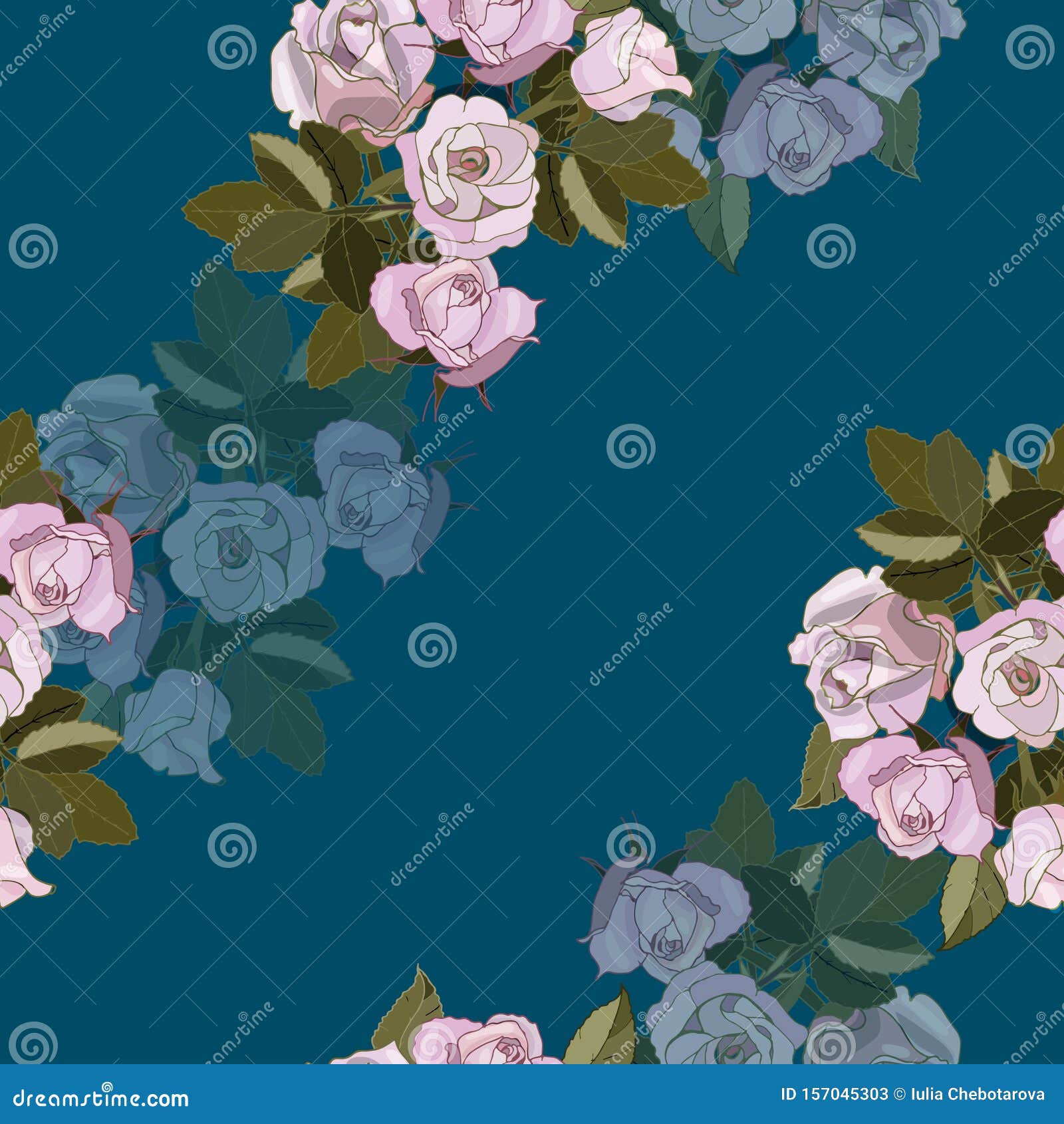 Seamless Pattern with Pink Roses on the Blue Background. Stock ...