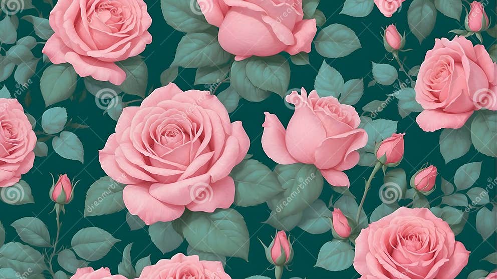 Seamless Pattern of Pink Roses on a Green Background Stock Illustration ...