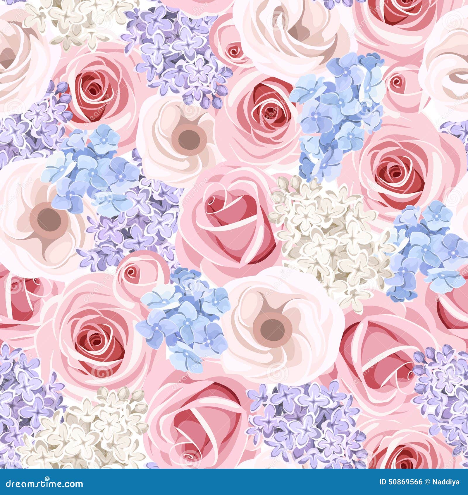Seamless Pattern with Pink Roses and Lilac Flowers. Vector Illustration ...