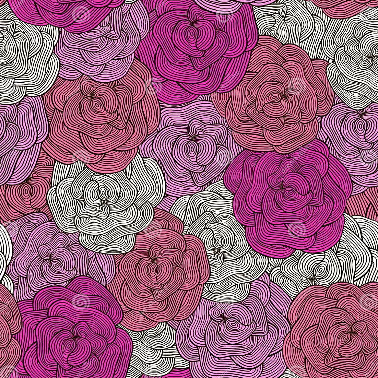 Seamless Pattern of Pink Roses in the Style of Doodle Stock Vector ...