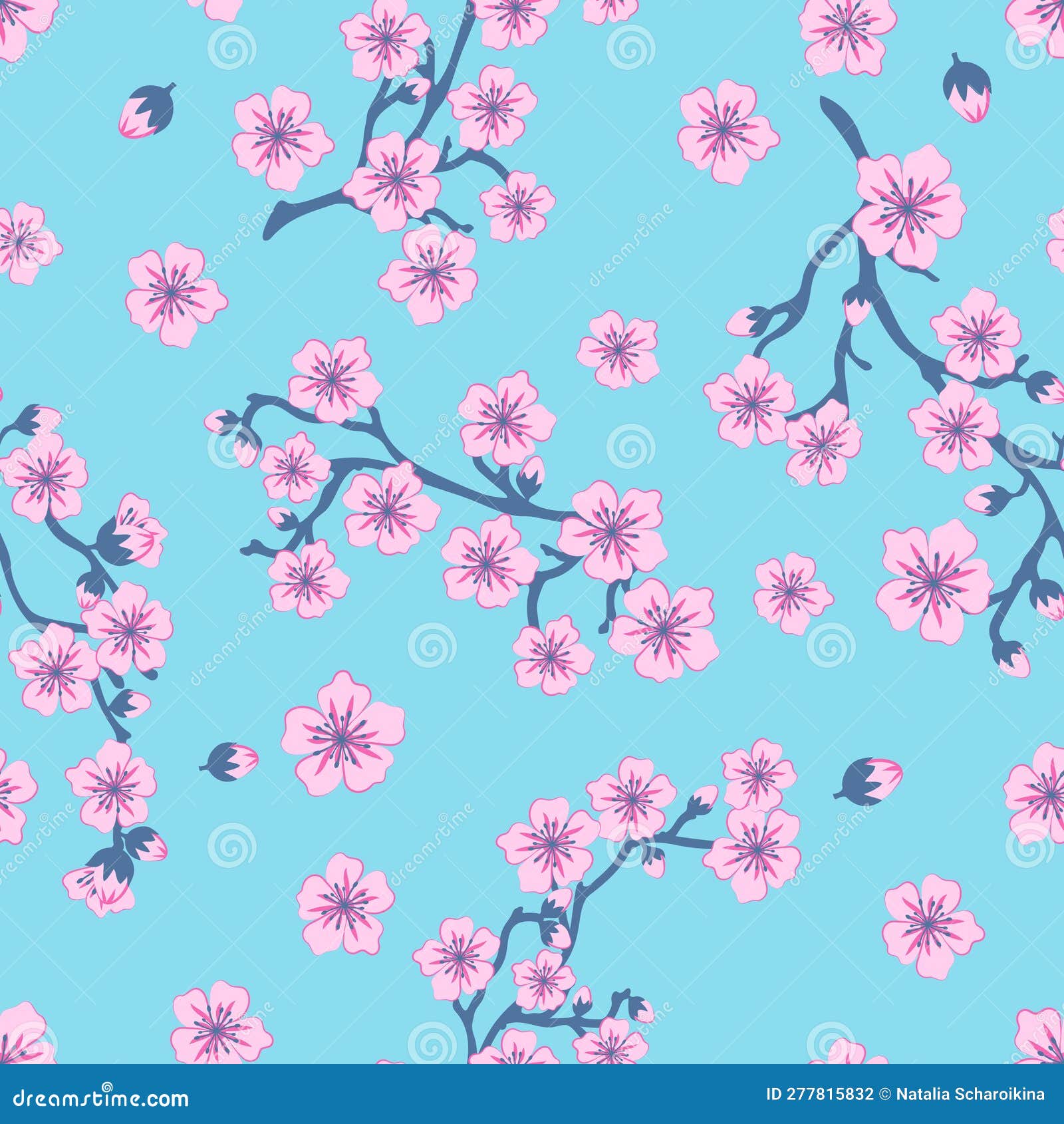 Seamless Pattern of Pink Sakura Flowers on a Blue Background. Stock ...