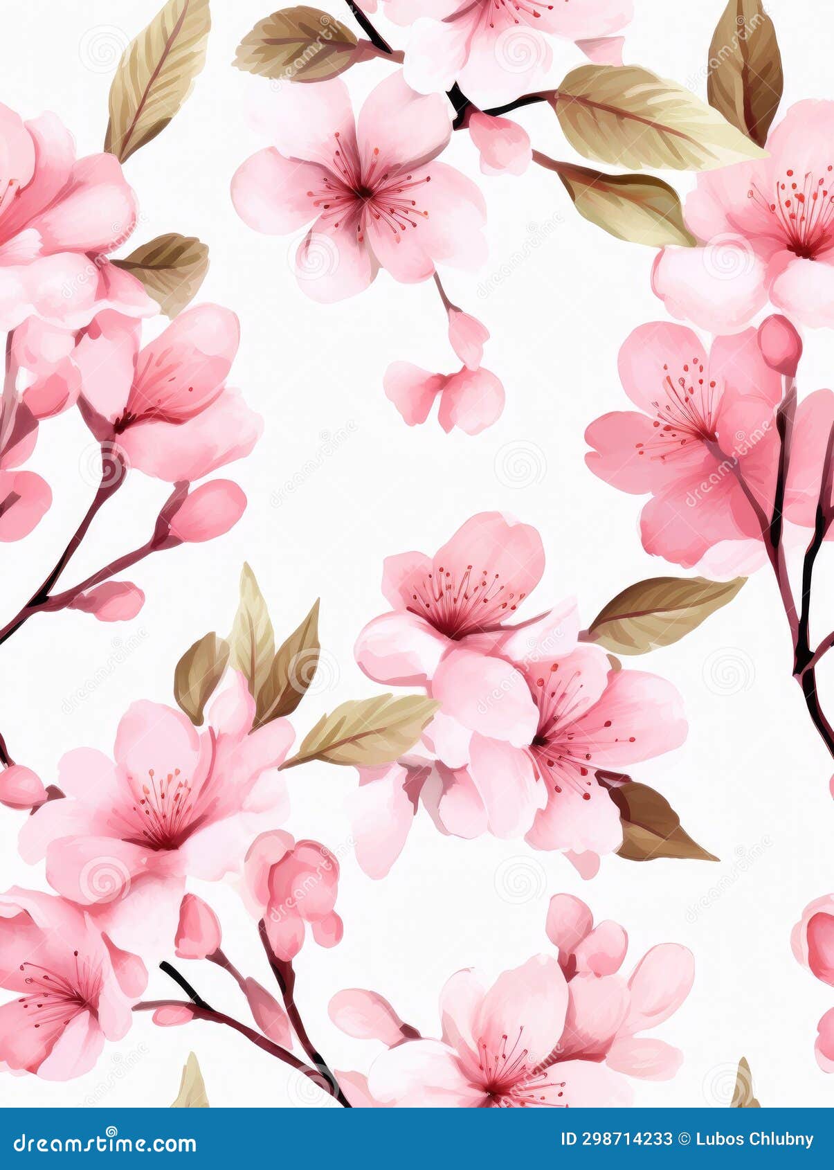 Seamless Pattern of Pink Sakura. Retro Watercolor Painting Stock ...