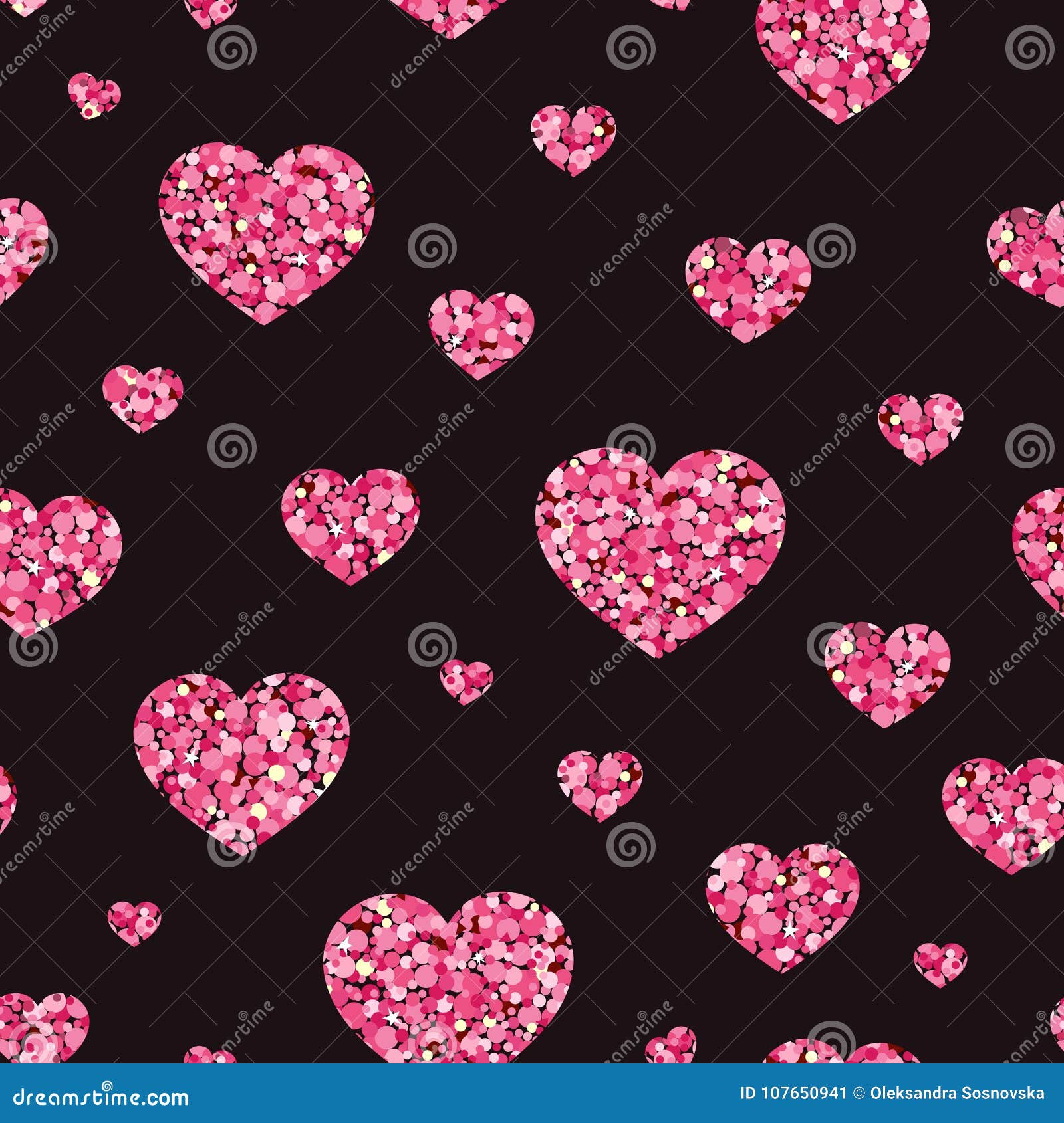 Seamless Pattern with Pink, Shiny Hearts on Black Background. Vector ...