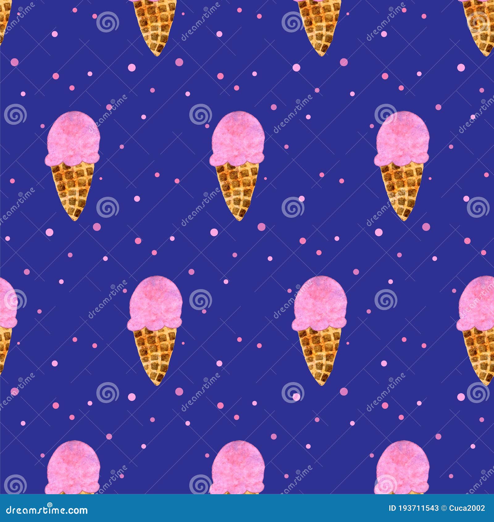 Seamless Pattern With Pink Strawberry Ice Cream Cone On Blue Board