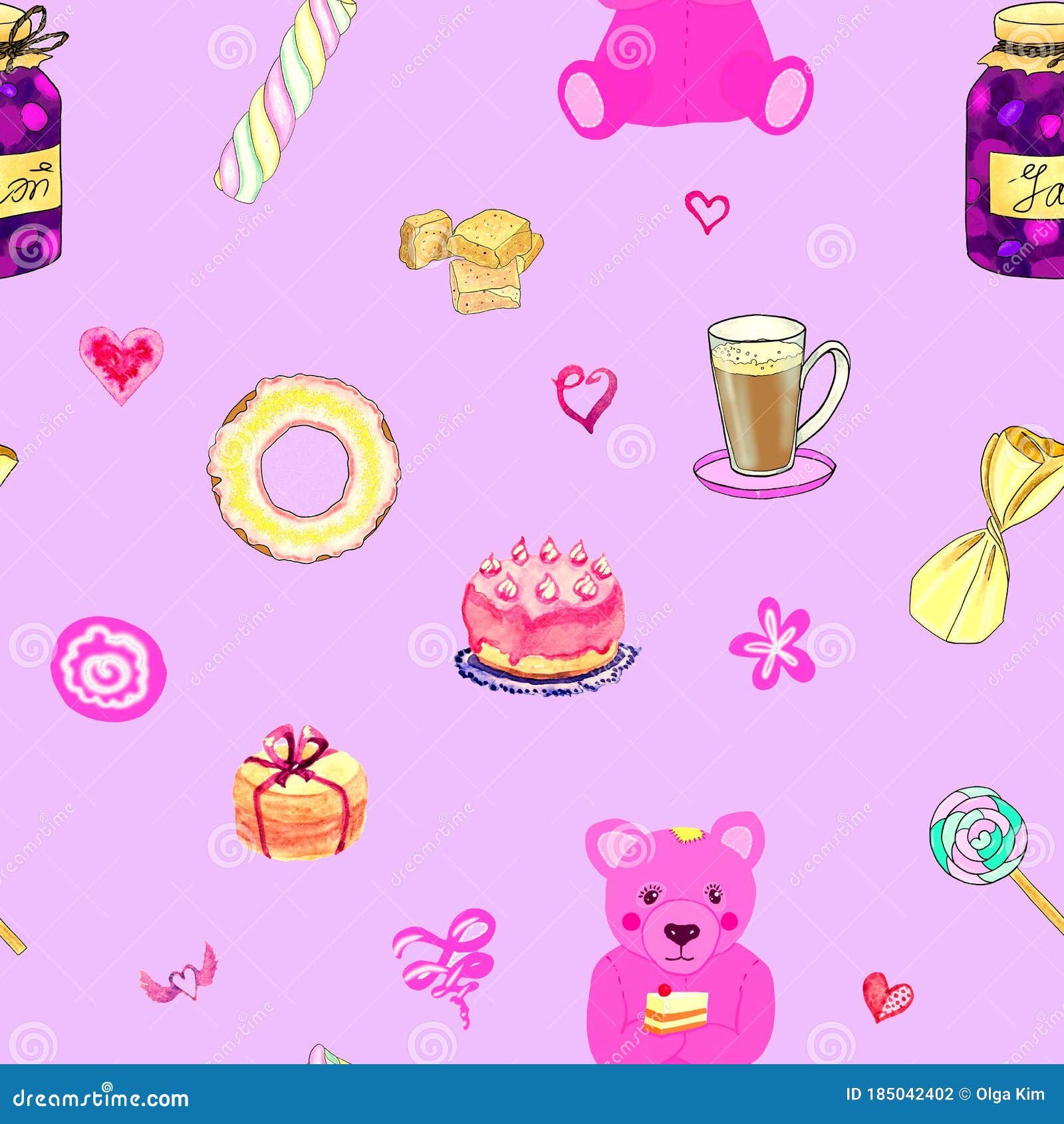 A Seamless Pattern with a Pink Teddy Bear and Desserts Stock ...