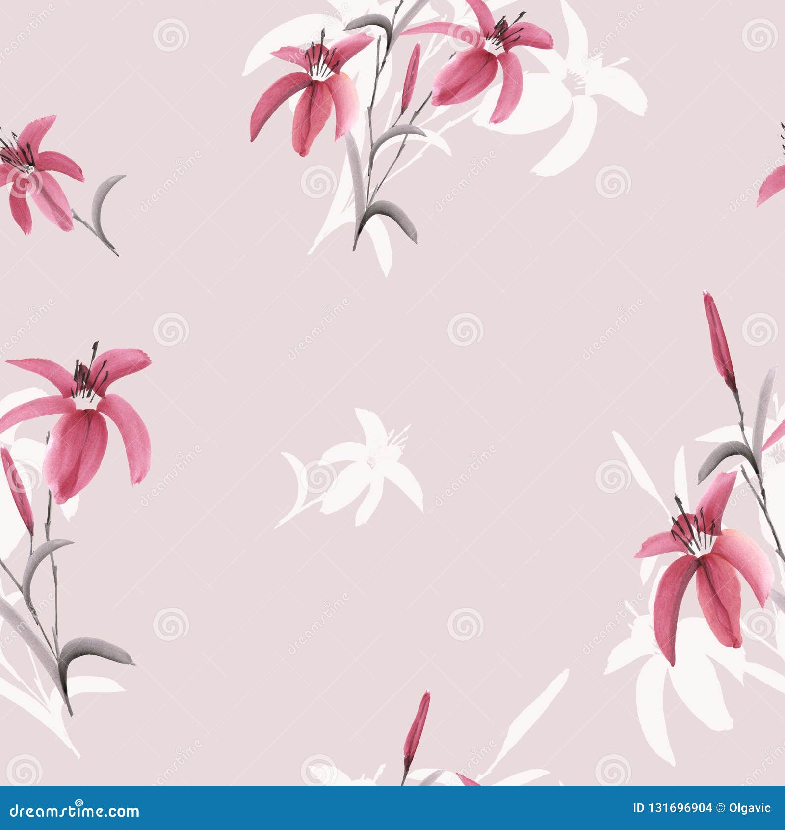 Seamless Pattern of Pink and White Flowers of Lily on a Light Pink ...