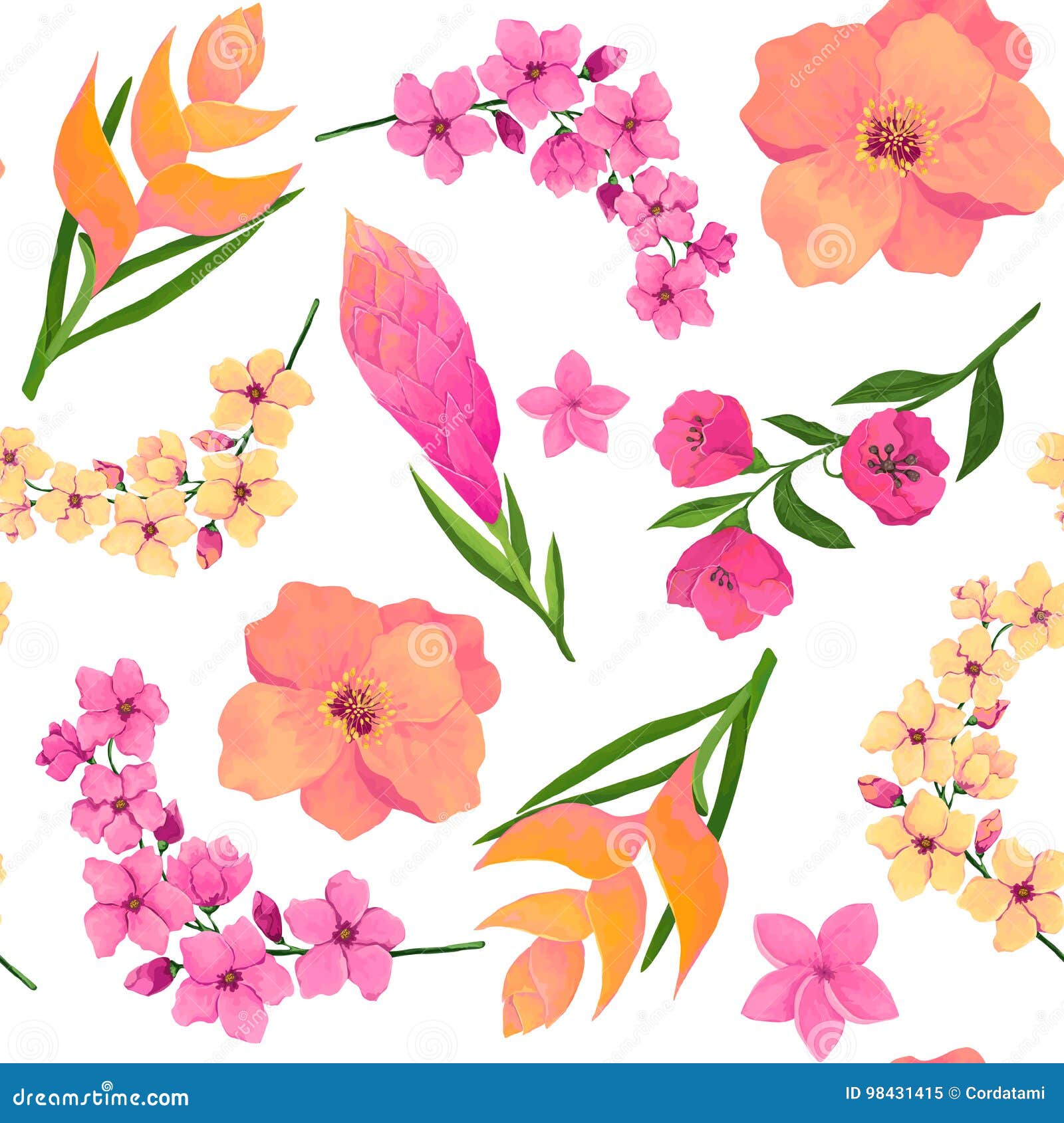 Seamless Pattern of Pink and Yellow Flowers on White Background Stock ...