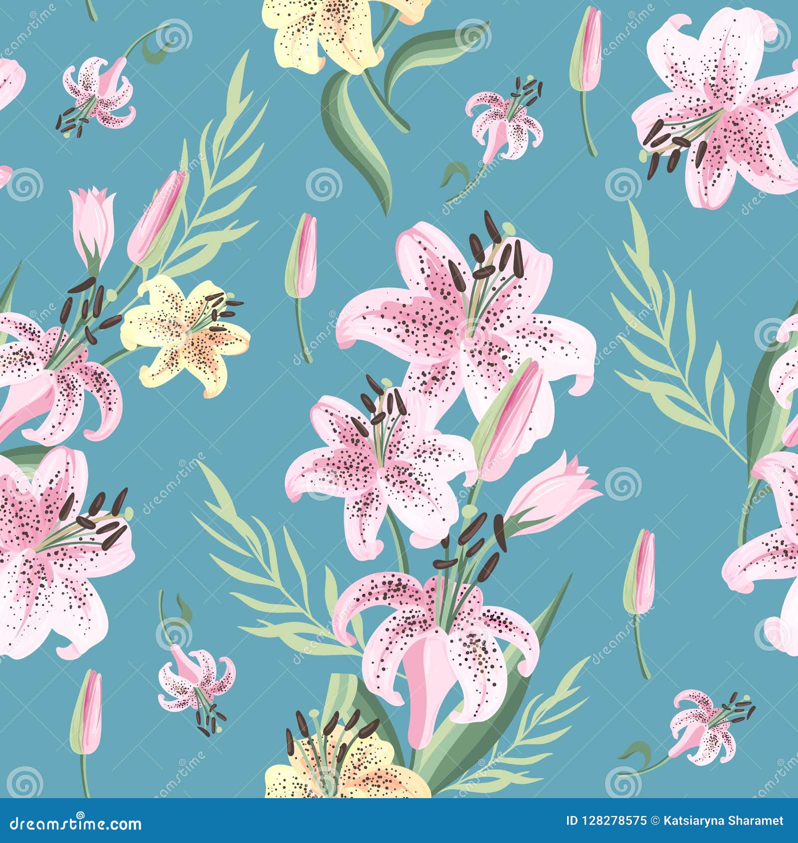 Seamless Pattern with Pink and Yellow Lily. Vector Stock Vector ...