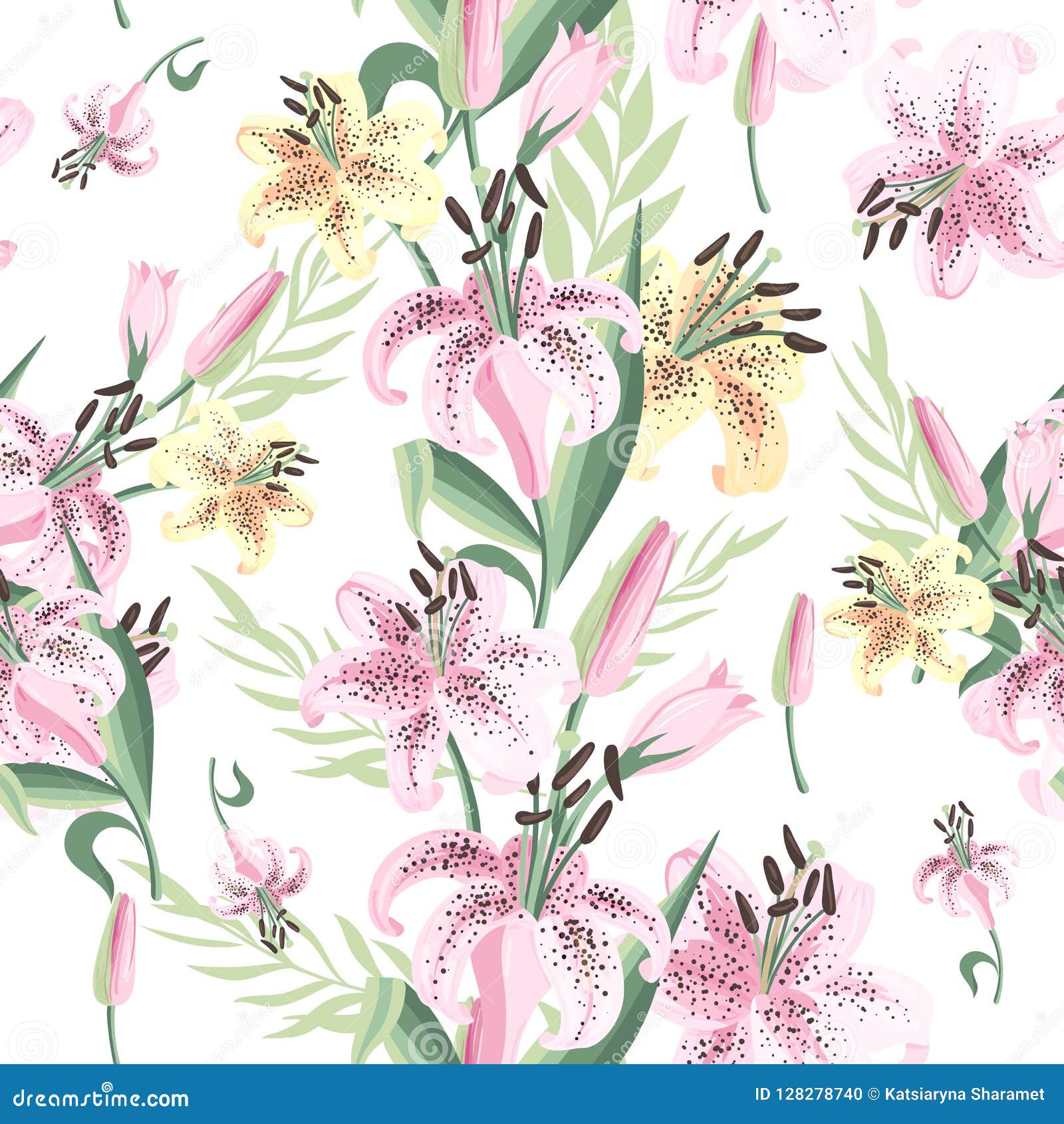 Seamless Pattern with Pink and Yellow Lily. Vector Stock Vector ...