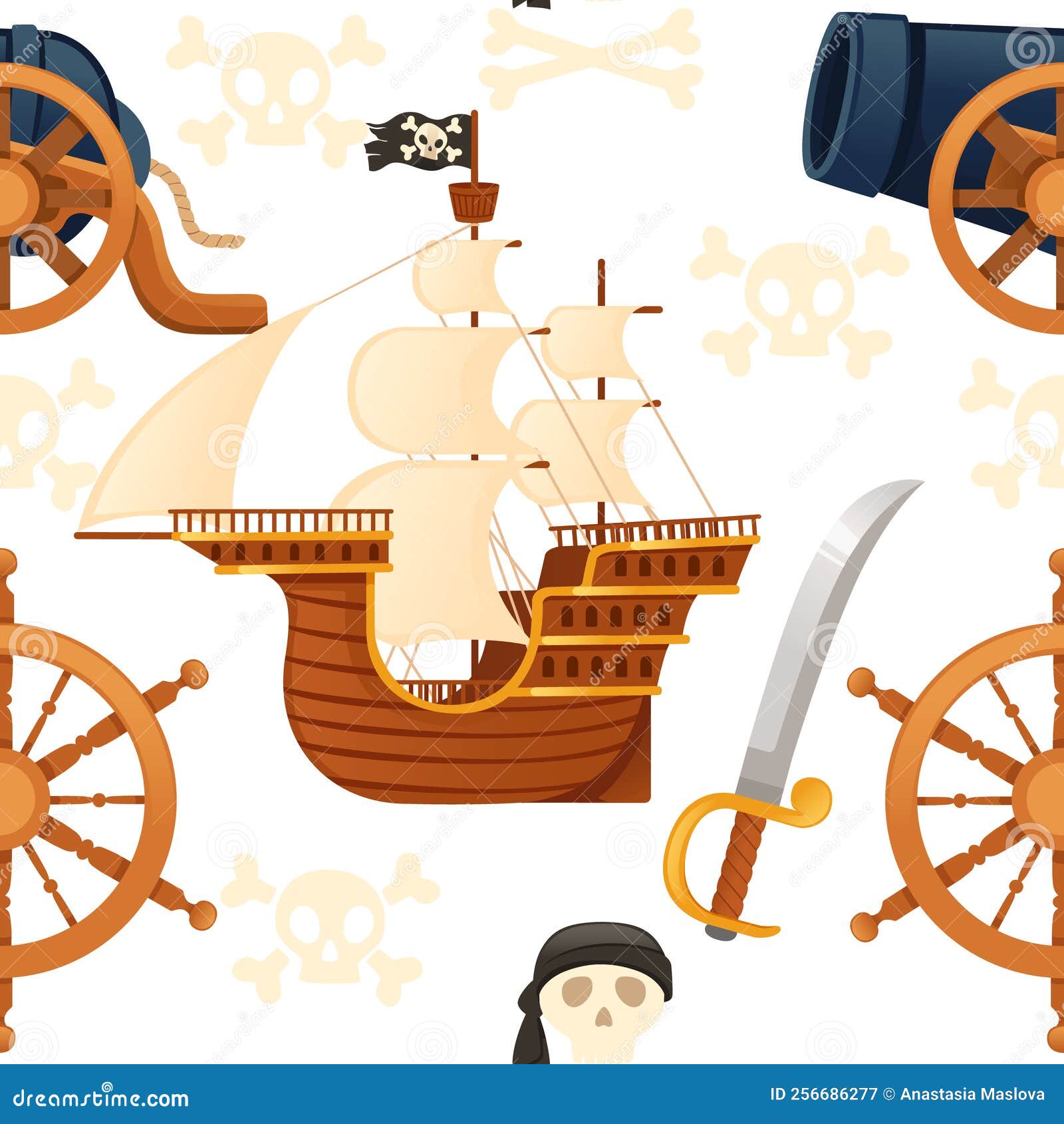 Seamless Pattern of Pirate Theme with Ship Skull and Weapon Vector ...