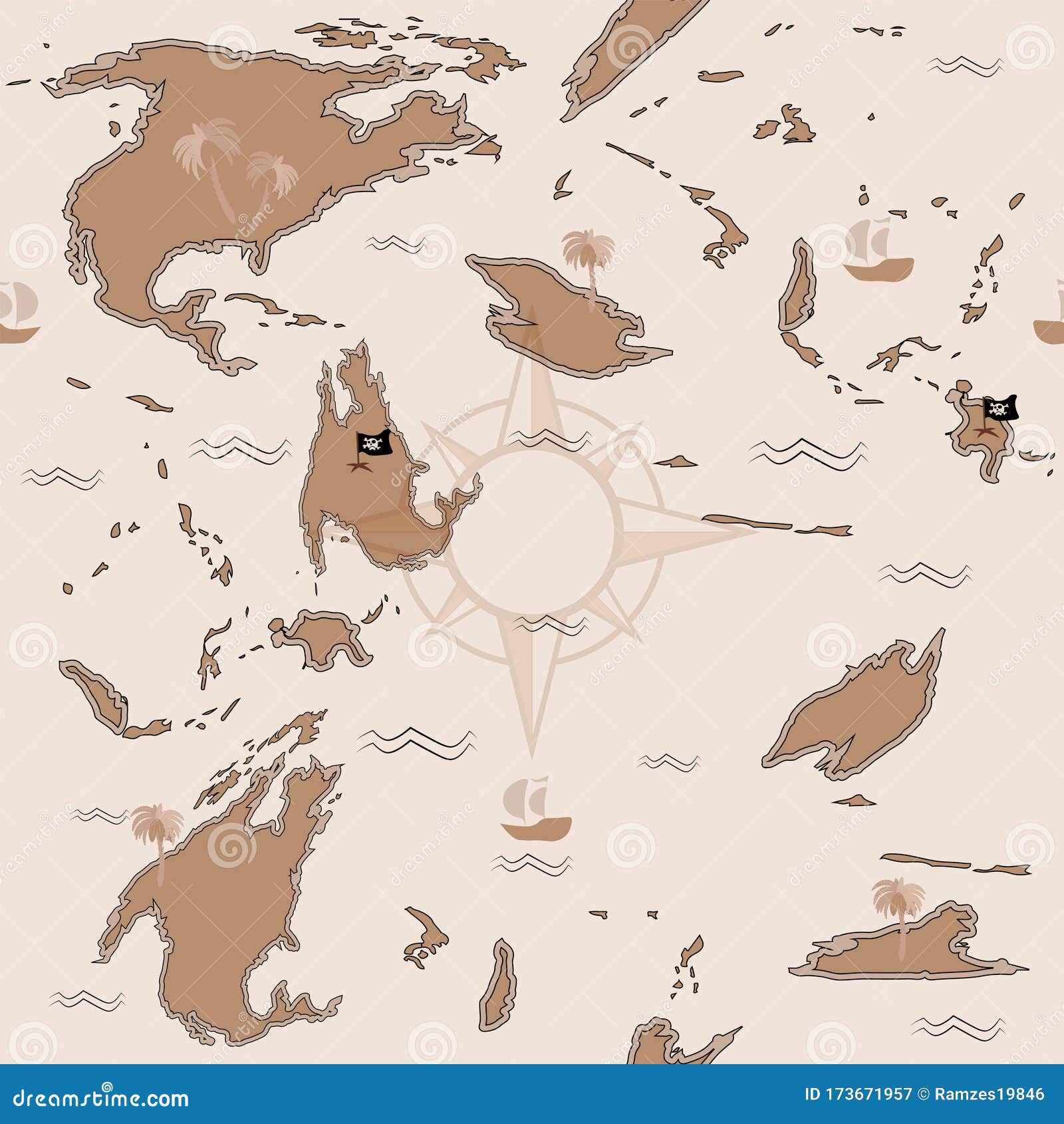 Seamless Pattern Pirate Treasure Map in Cartoon Style in Light Beige ...