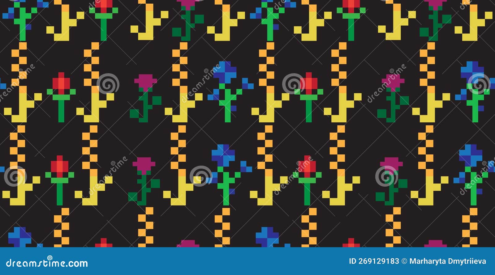 Seamless Pattern with Pixel Flowers, Wheat, Cornflowers. Stock Vector ...