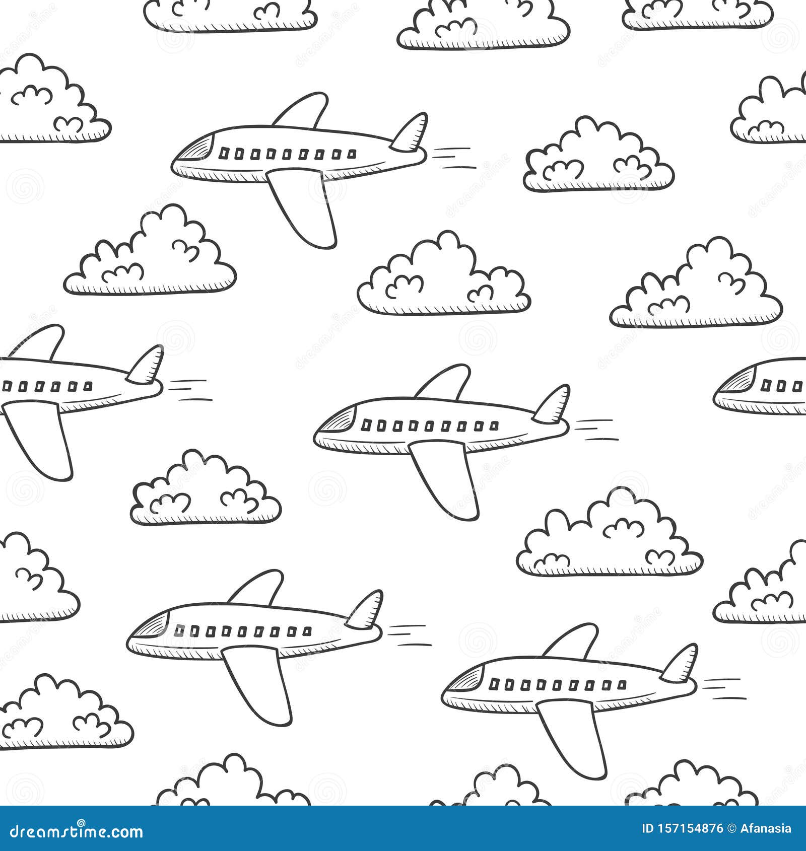 Seamless Pattern with Plane and Clouds. Hand Drawn Vector Illustration ...