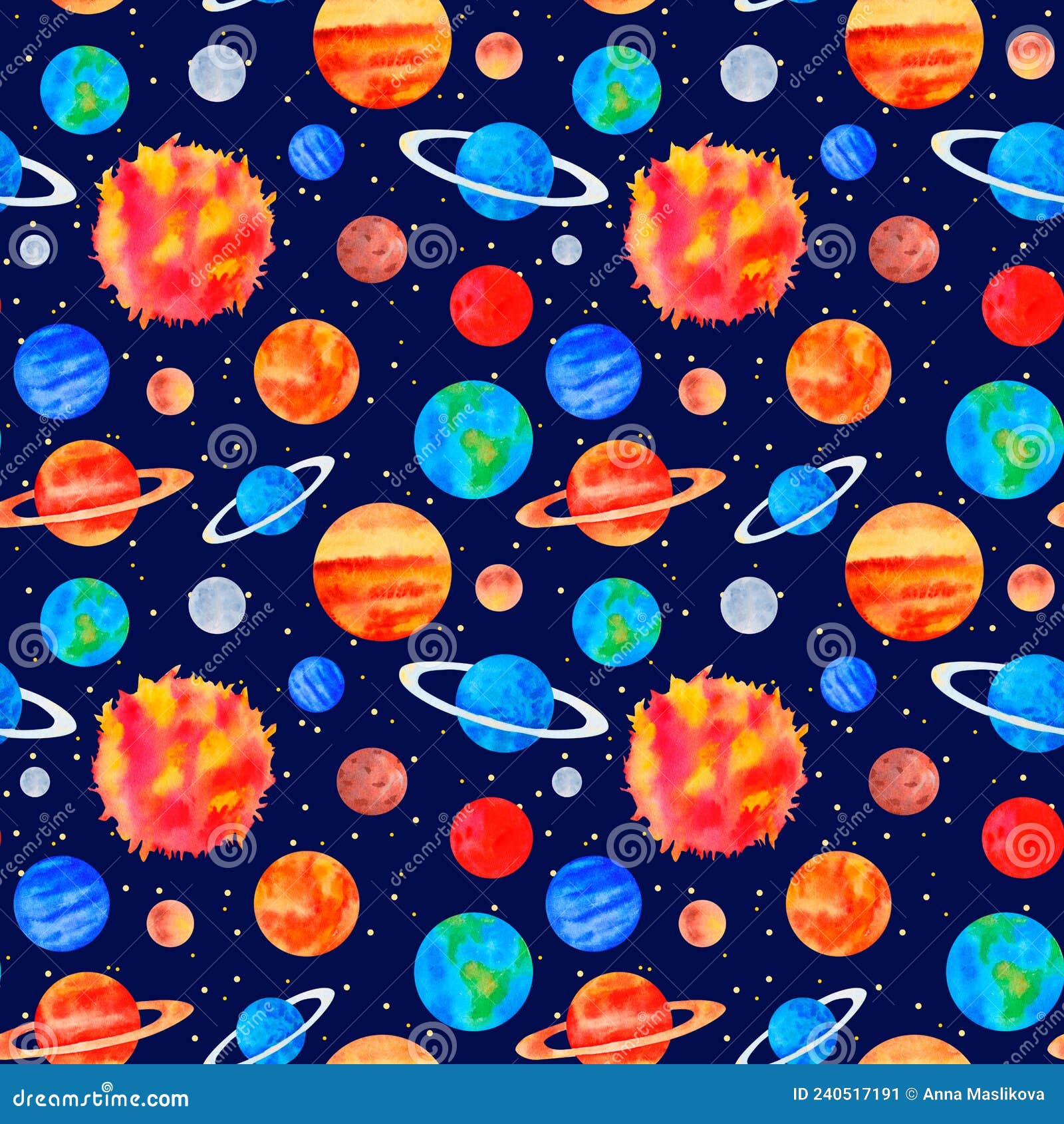 Seamless Pattern of Planets, Solar System on Blue Background with Stars ...