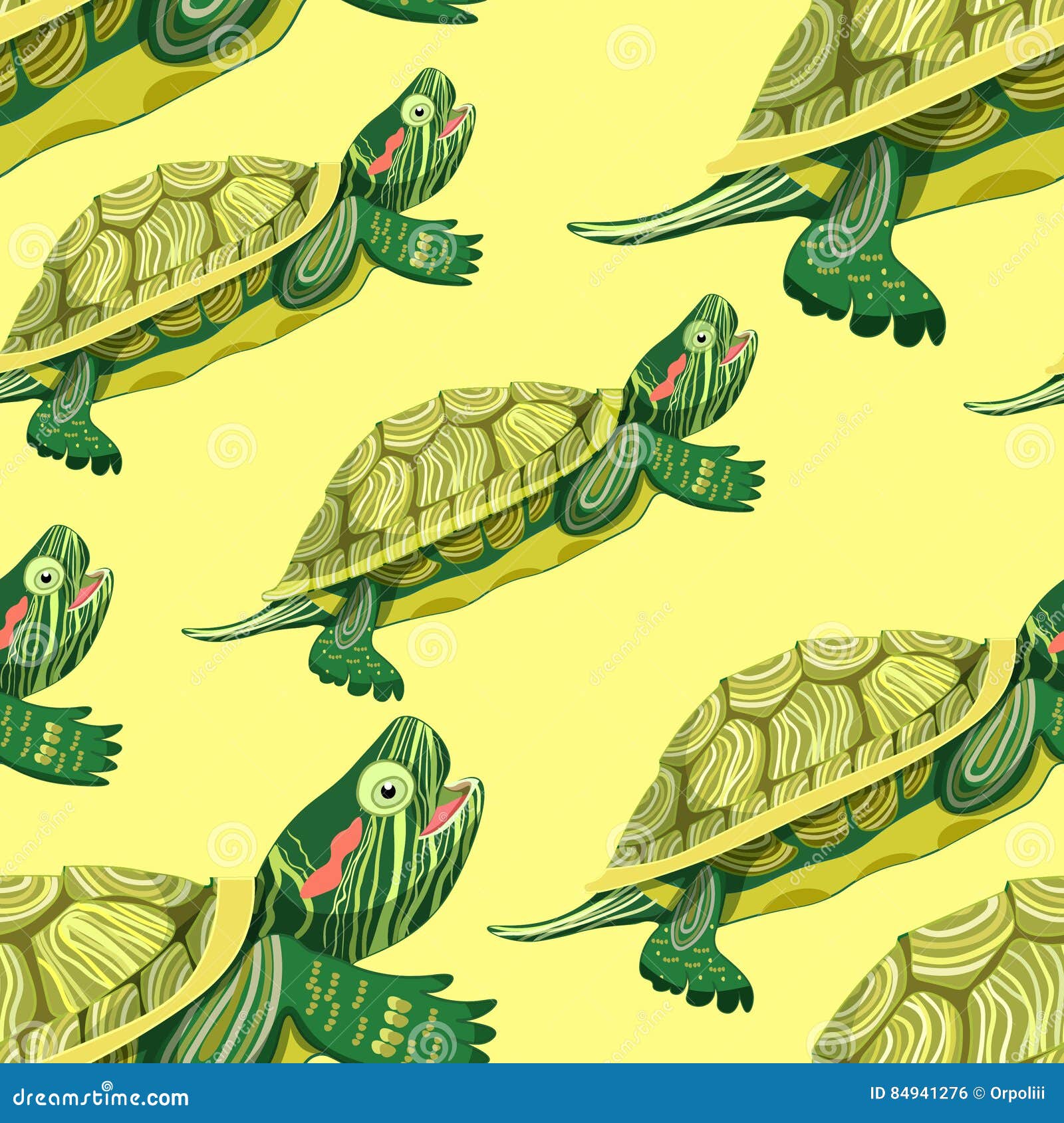 Seamless Pattern Pond Slider Turtle Green Smiling Vector Illustration ...