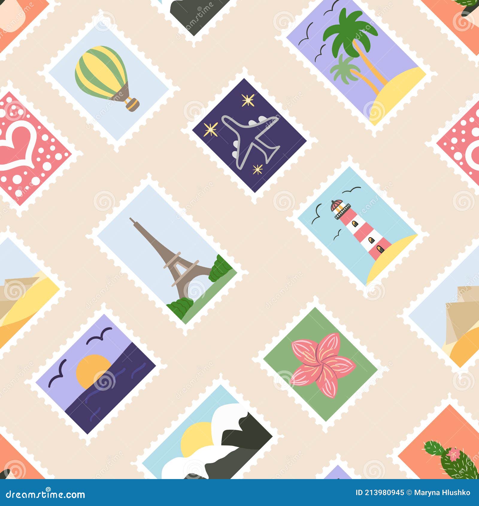 Seamless Pattern of Postage Stamps with World Attractions, Landscapes ...