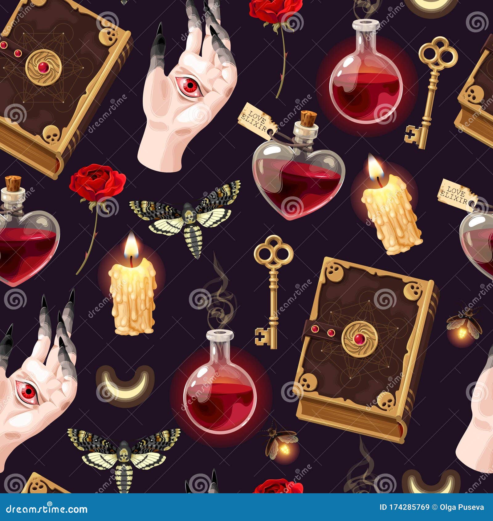 Seamless Pattern with Potion and Magic Book Stock Vector - Illustration ...