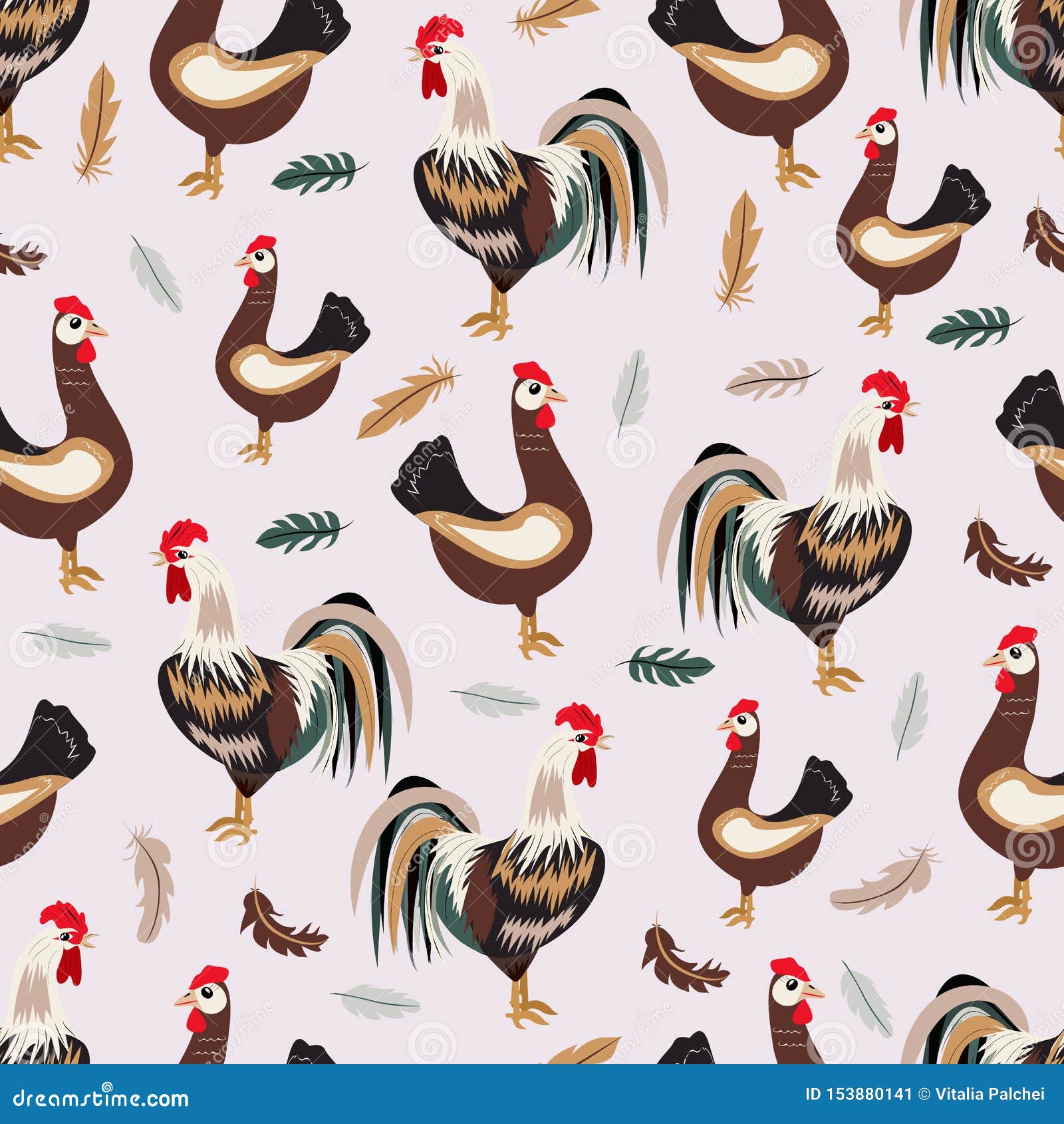 Seamless Pattern with Poultry - Rooster and Chicken. Vector ...