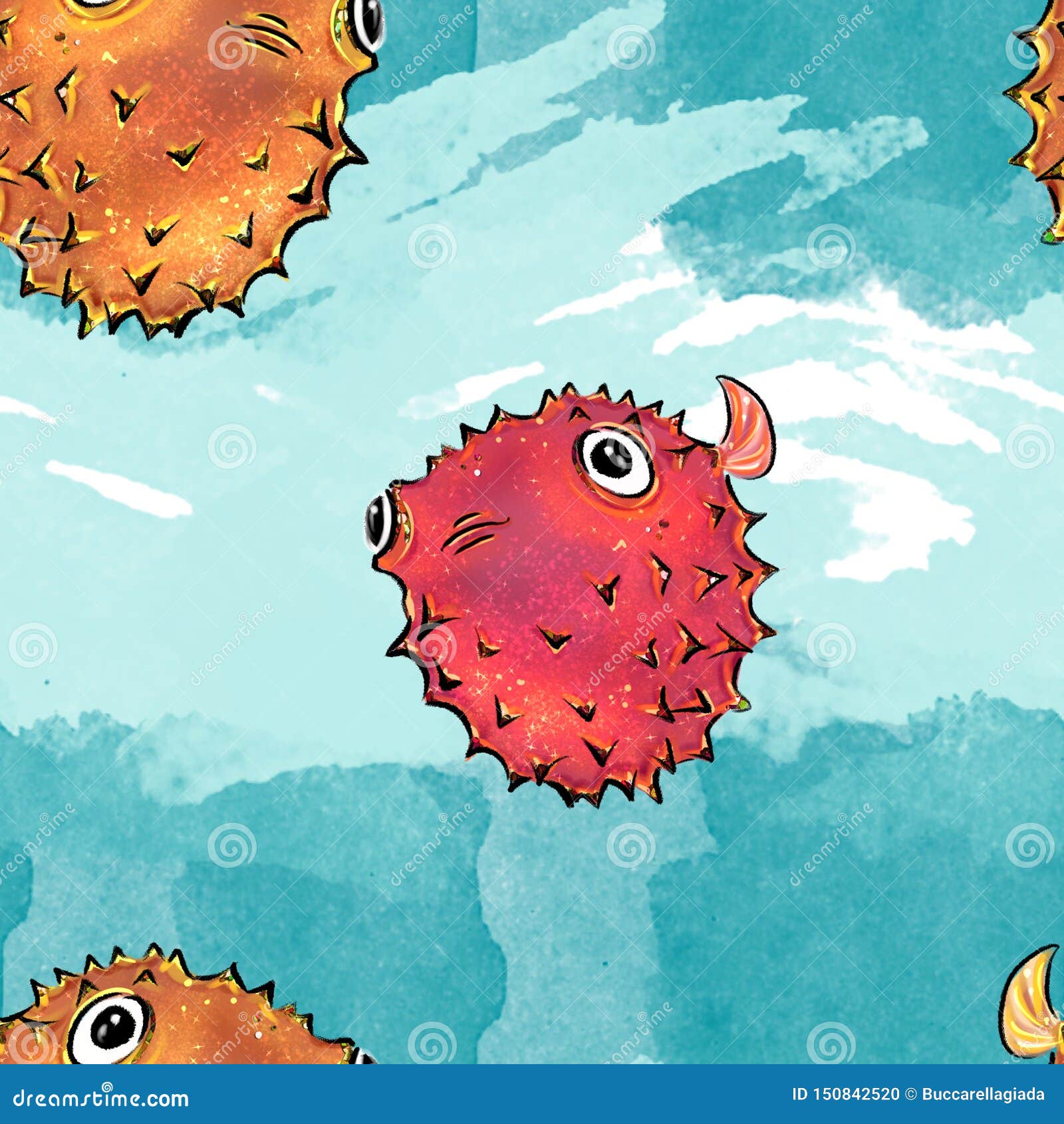 SEAMLESS PATTERN - PUFFER FISH ON WATERCOLOR SPLASH BACKGROUND Stock ...